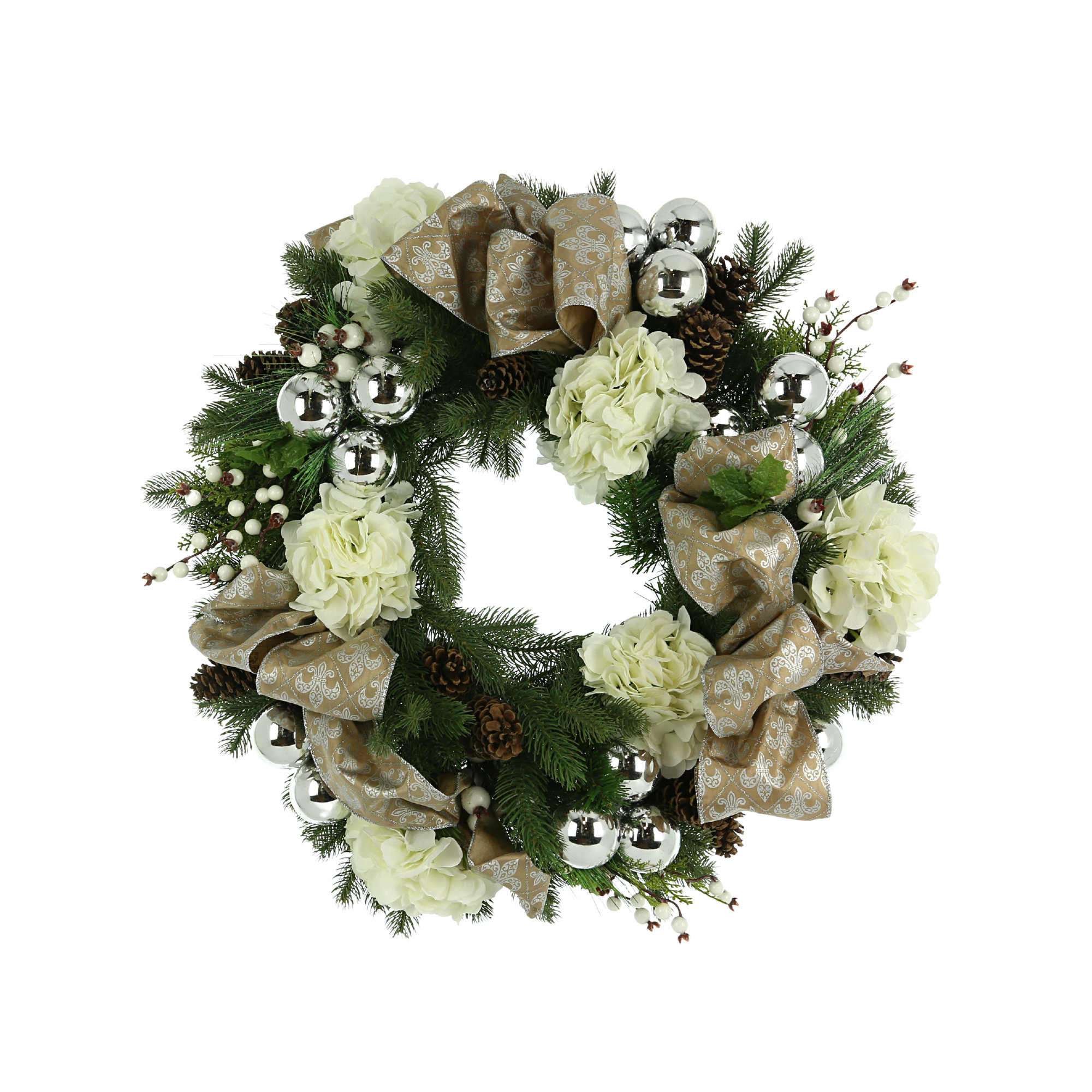 The Holiday Aisle® Jeyli Hydrangea, Pinecones, Ornaments and Bow on ...