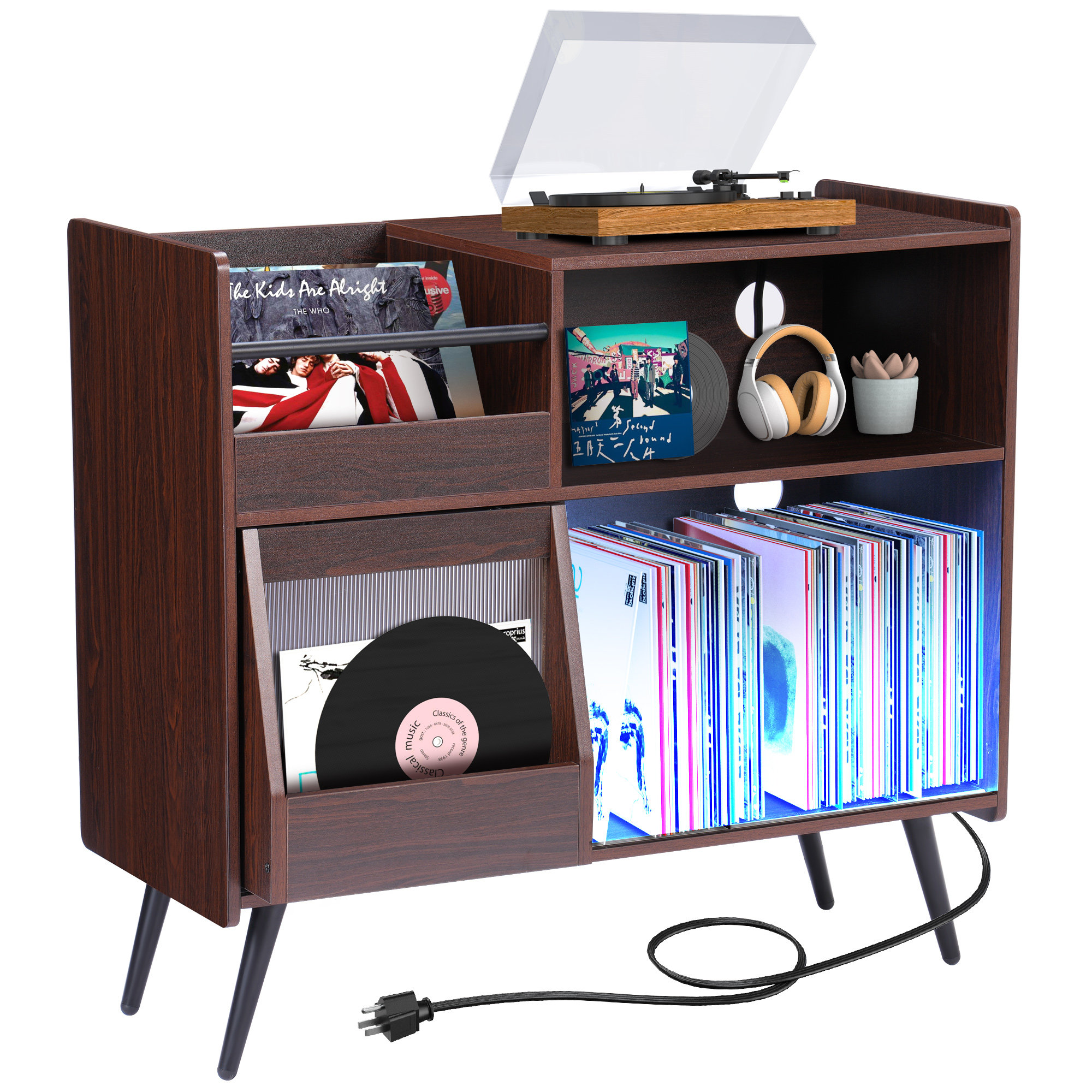 Wrought Studio™ Large Record Player Stand with Power Outlet and LED ...