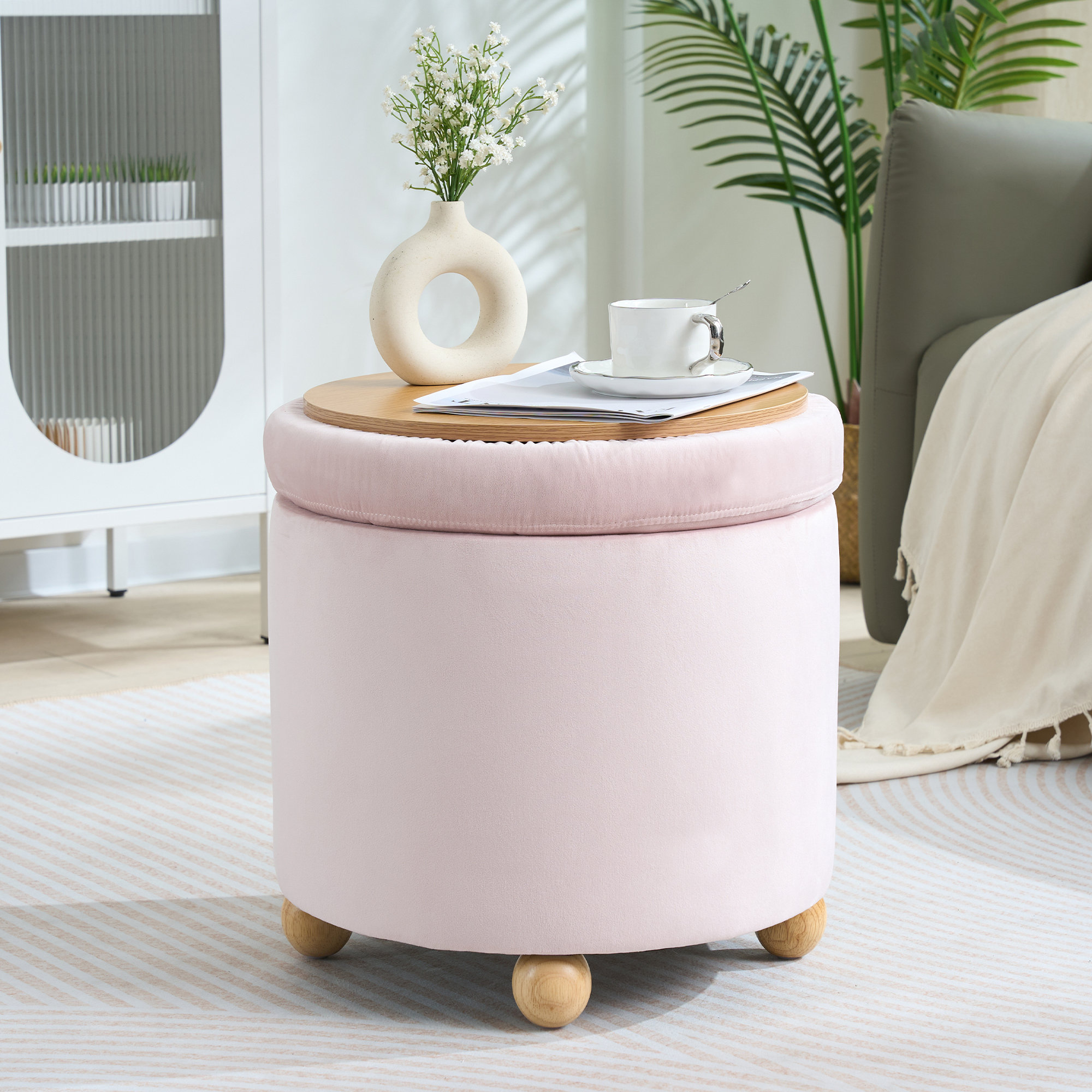 Latitude Run® Upholstered Round Storage Ottoman, Tufted Velvet Ottoman ...