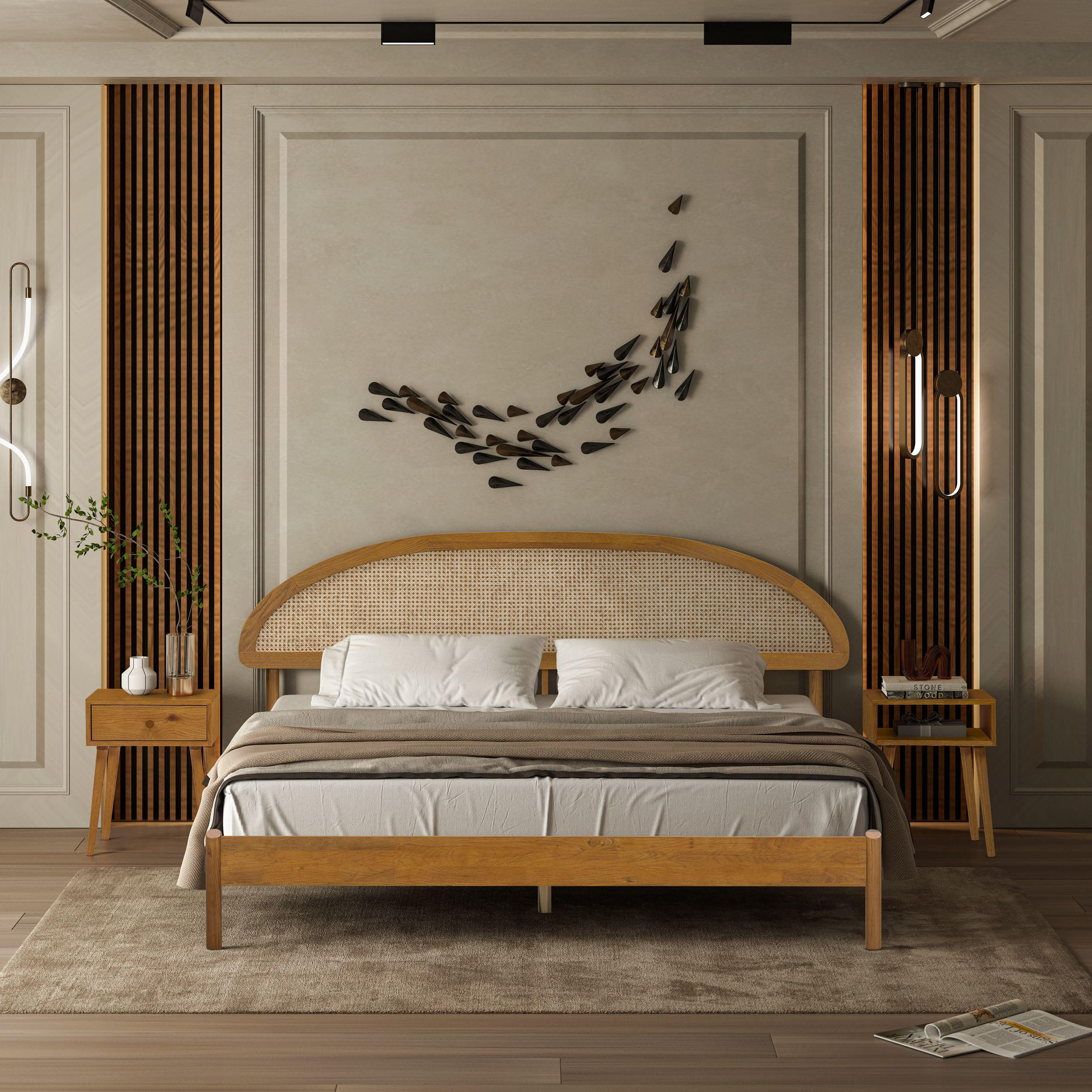 NTC Gem Solid Wooden Bed Frame With Headboard And Natural Rattan, 1000 ...