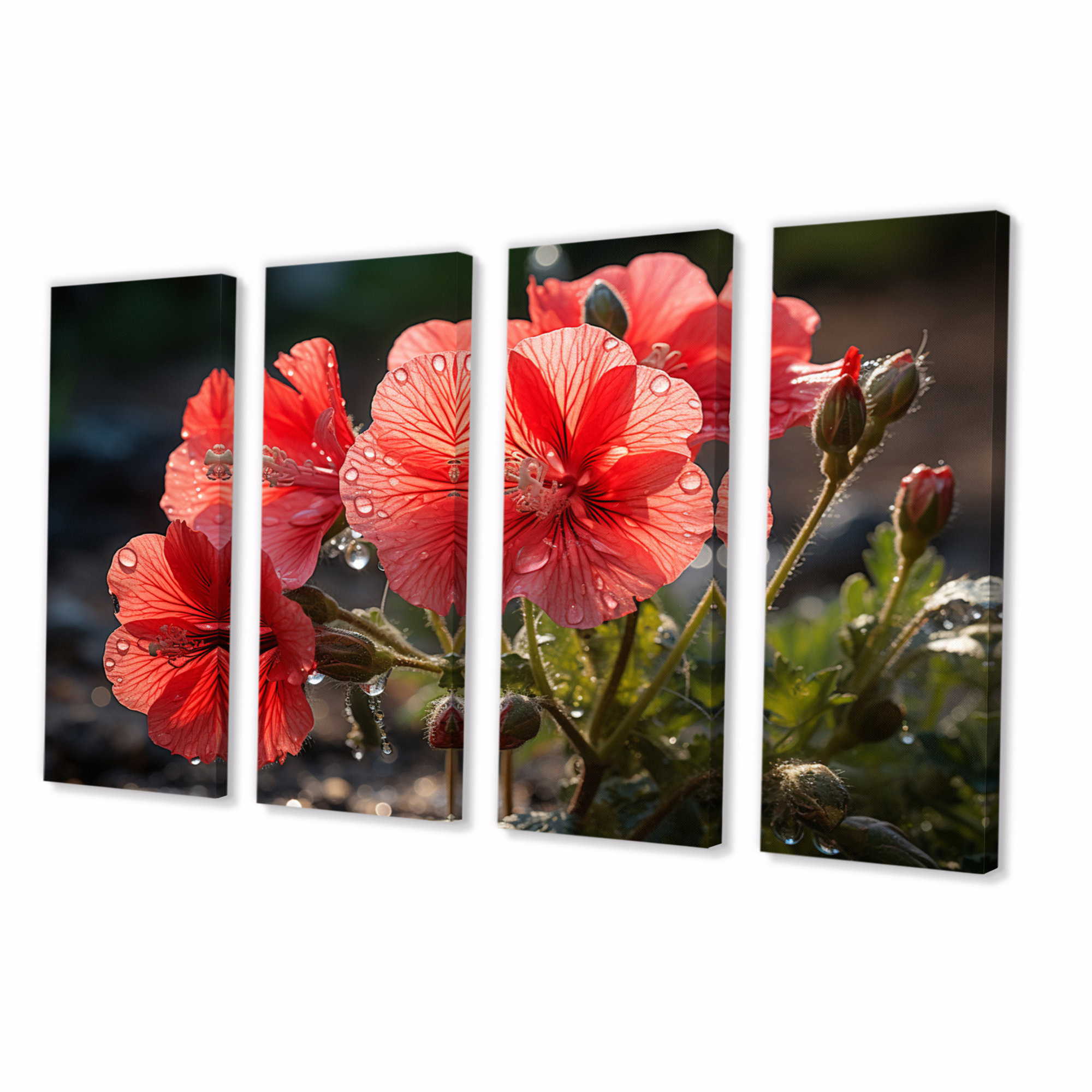 Design Art Coral Geraniums Field - Floral Wall Decor - 4 Panels | Wayfair