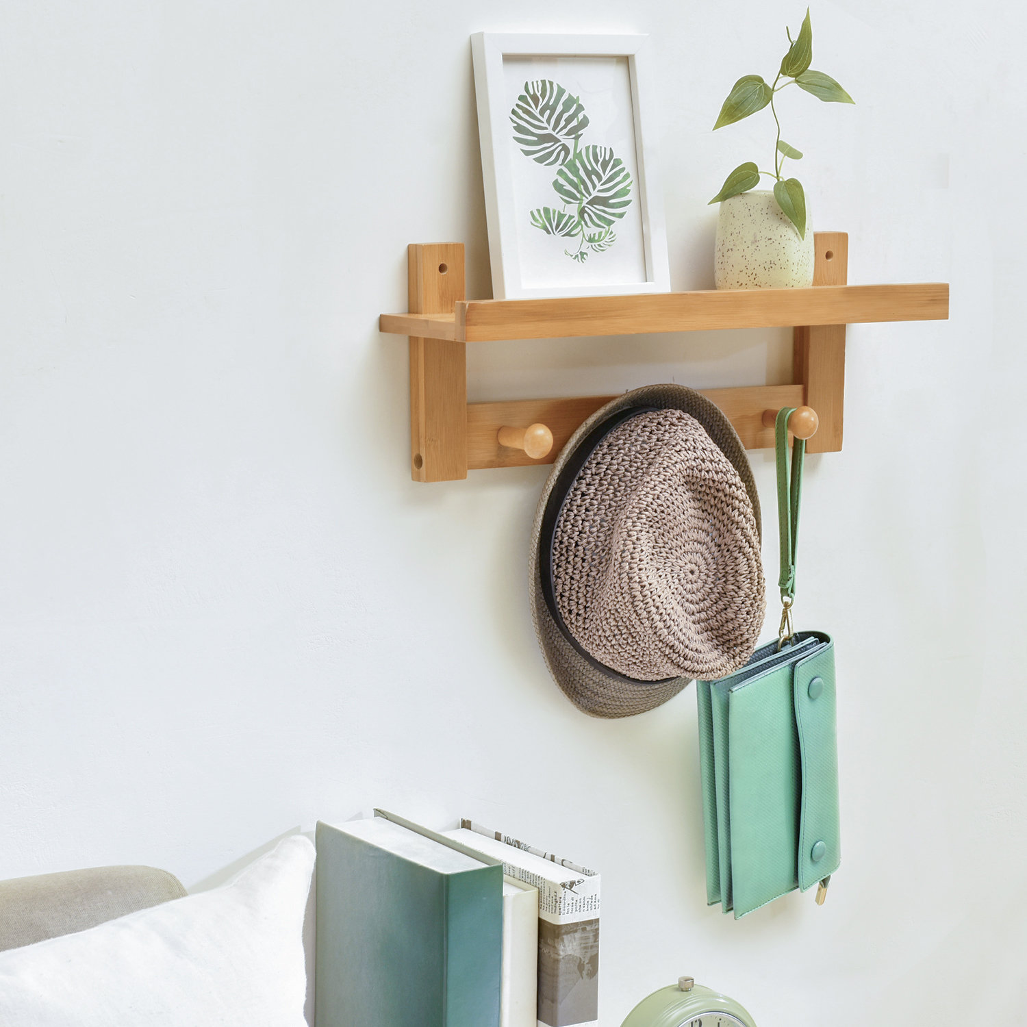 MoNiBloom Wall Hooks with Shelf, Bamboo Coat Rack Wall Mounted ...