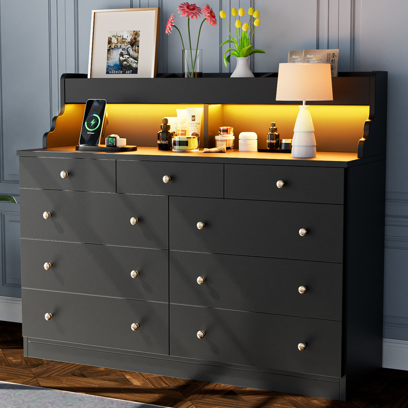 Wrought Studio™ 9 Drawers Dresser With Led Light, Dresser For Bedroom ...