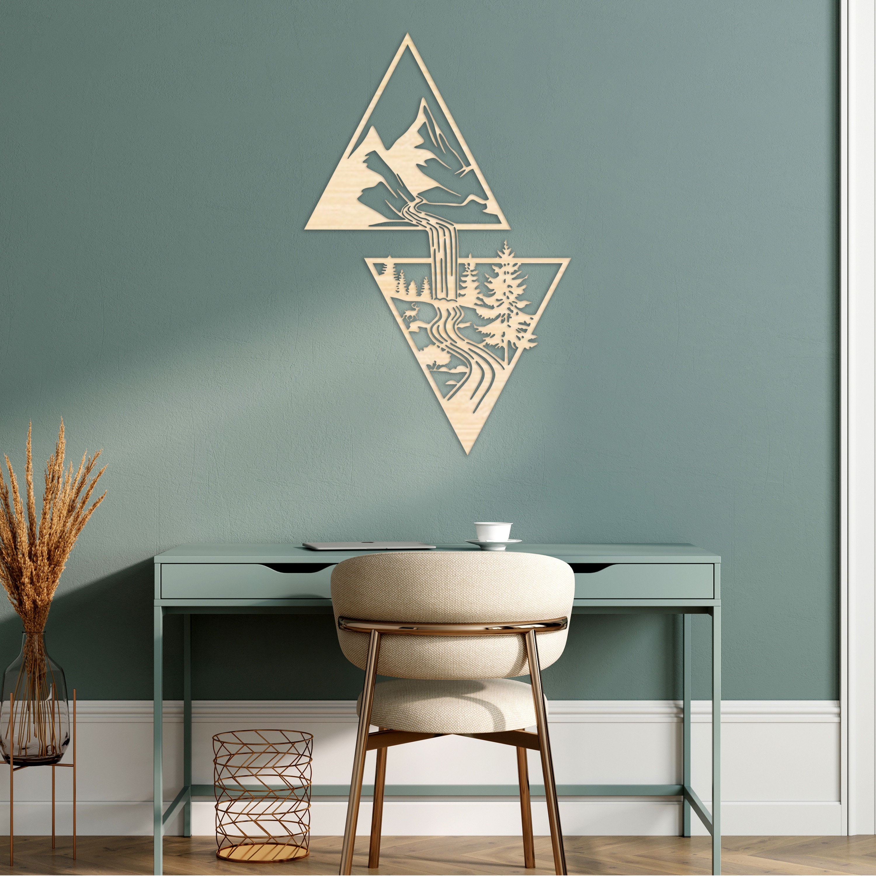 Millwood Pines Double Triangle Wall Art with Mountains, Tree, and River ...
