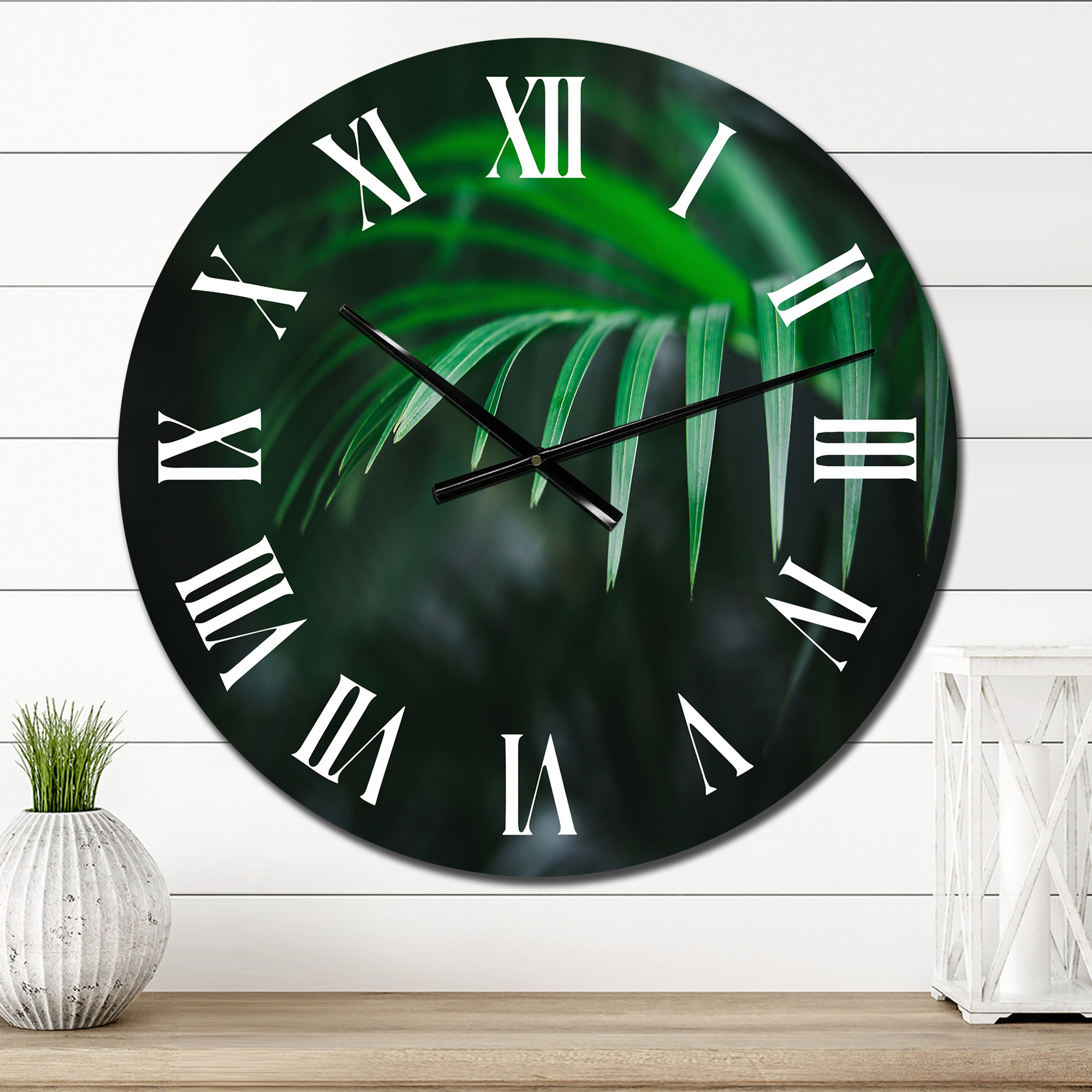 East Urban Home Dark Green Fern Leaf On Black VII - Tropical Wall Clock ...