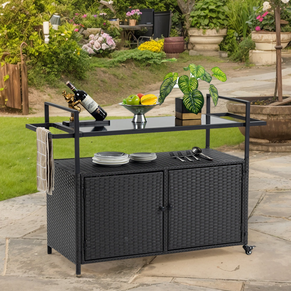 Arlmont & Co. Senona Portable Outdoor Wicker Bar Table, Wheels, Glass ...