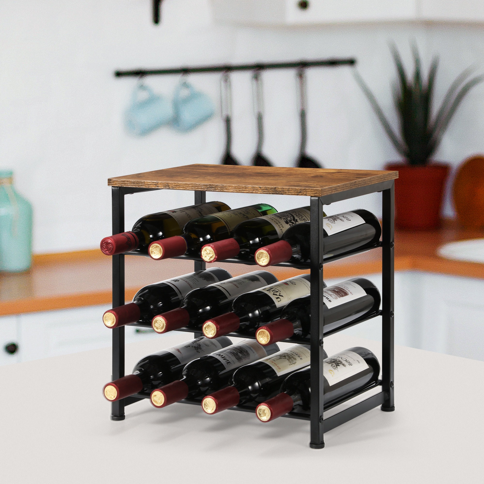 17 Stories Wine Racks Countertop With Top Wood,12 Bottle Wine Rack Wine ...