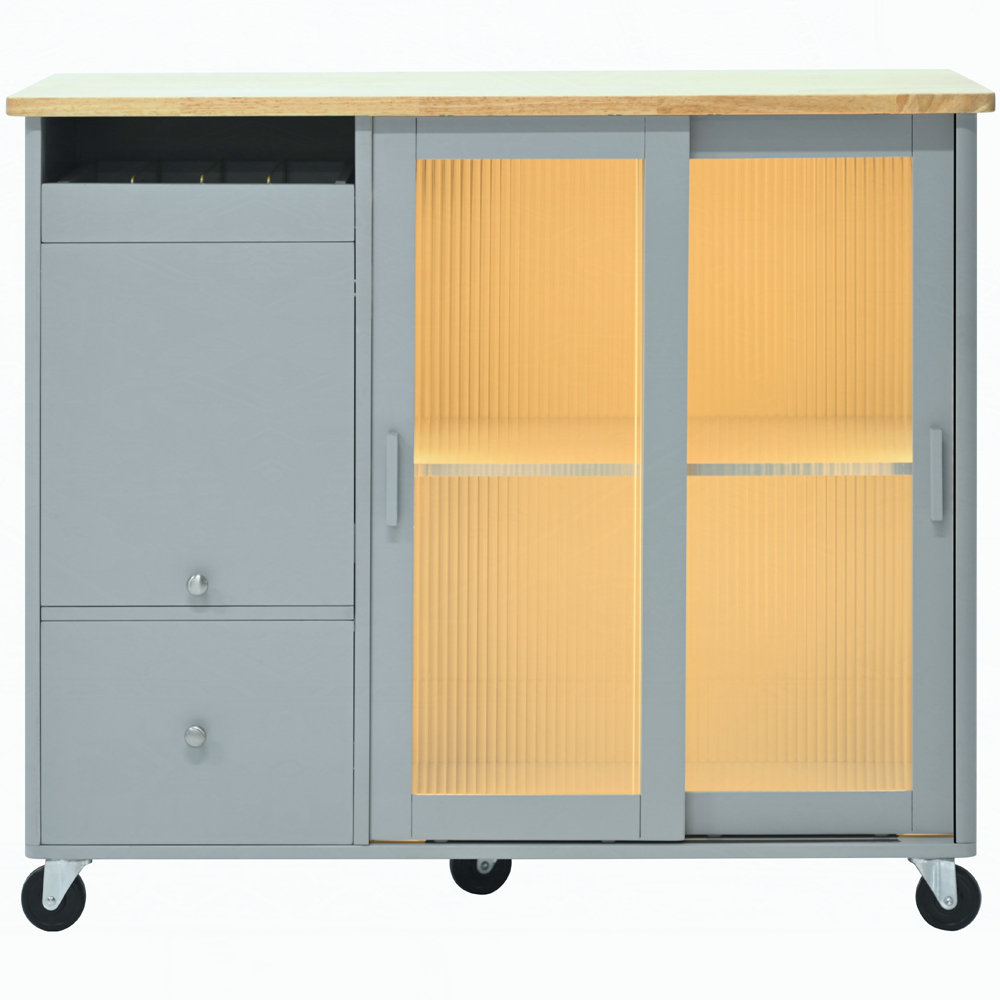 Ivy Bronx LED Light Kitchen Cart on Wheels with 2 Fluted Glass Doors ...