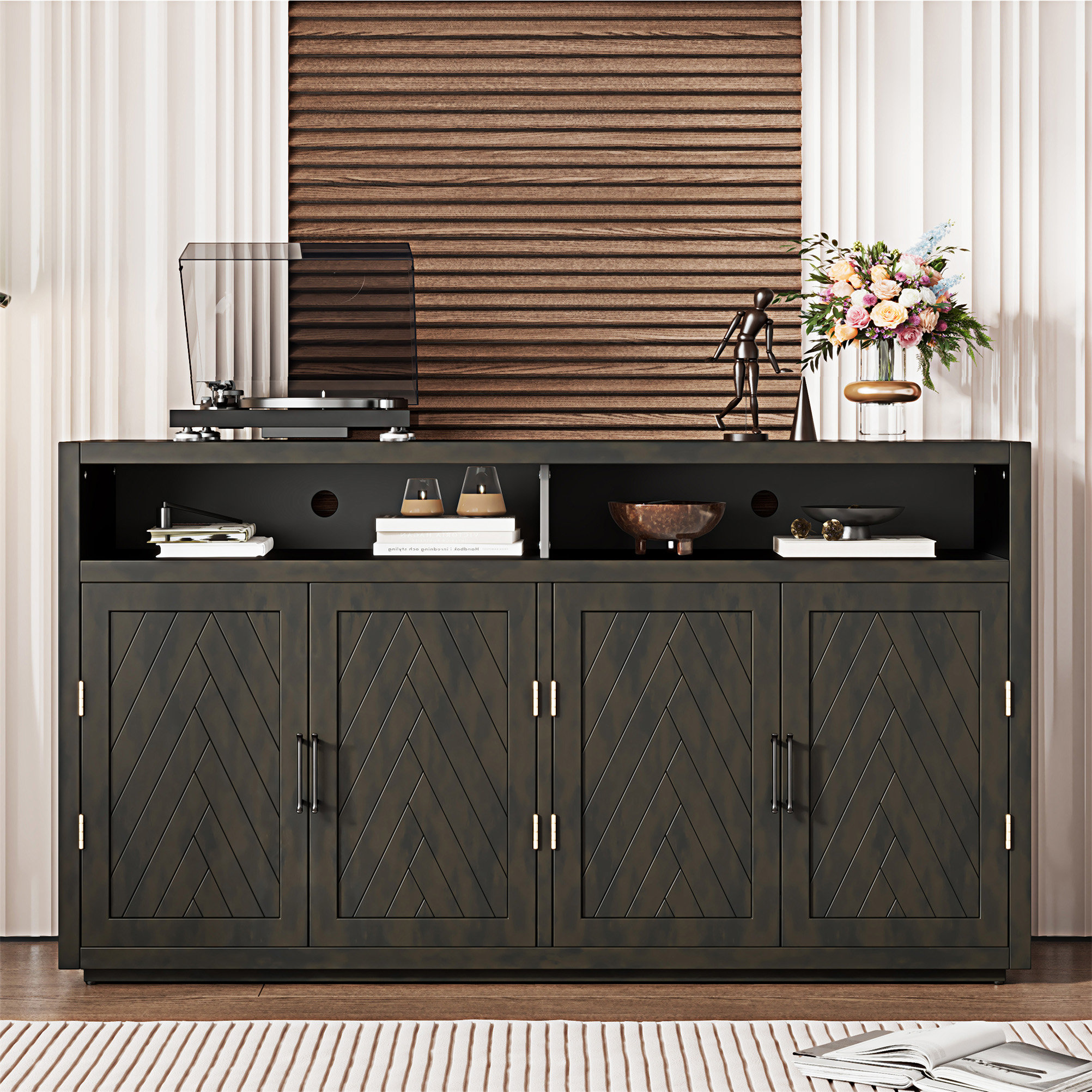 Ebern Designs 4-Door Classic Sideboard With Open Storage And Adjustable Shelves Perfect For ...