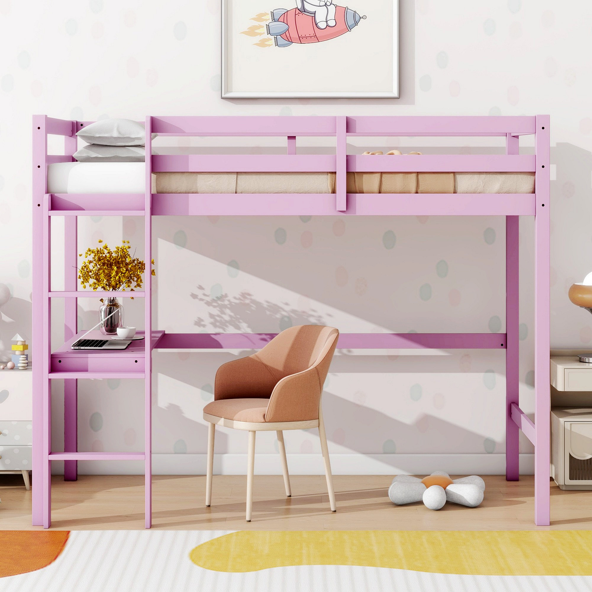 Harriet Bee Loft Bed, Wood Loft Bed With Guardrail And Built-In Desk, Bedroom Bed Frame For Home ...