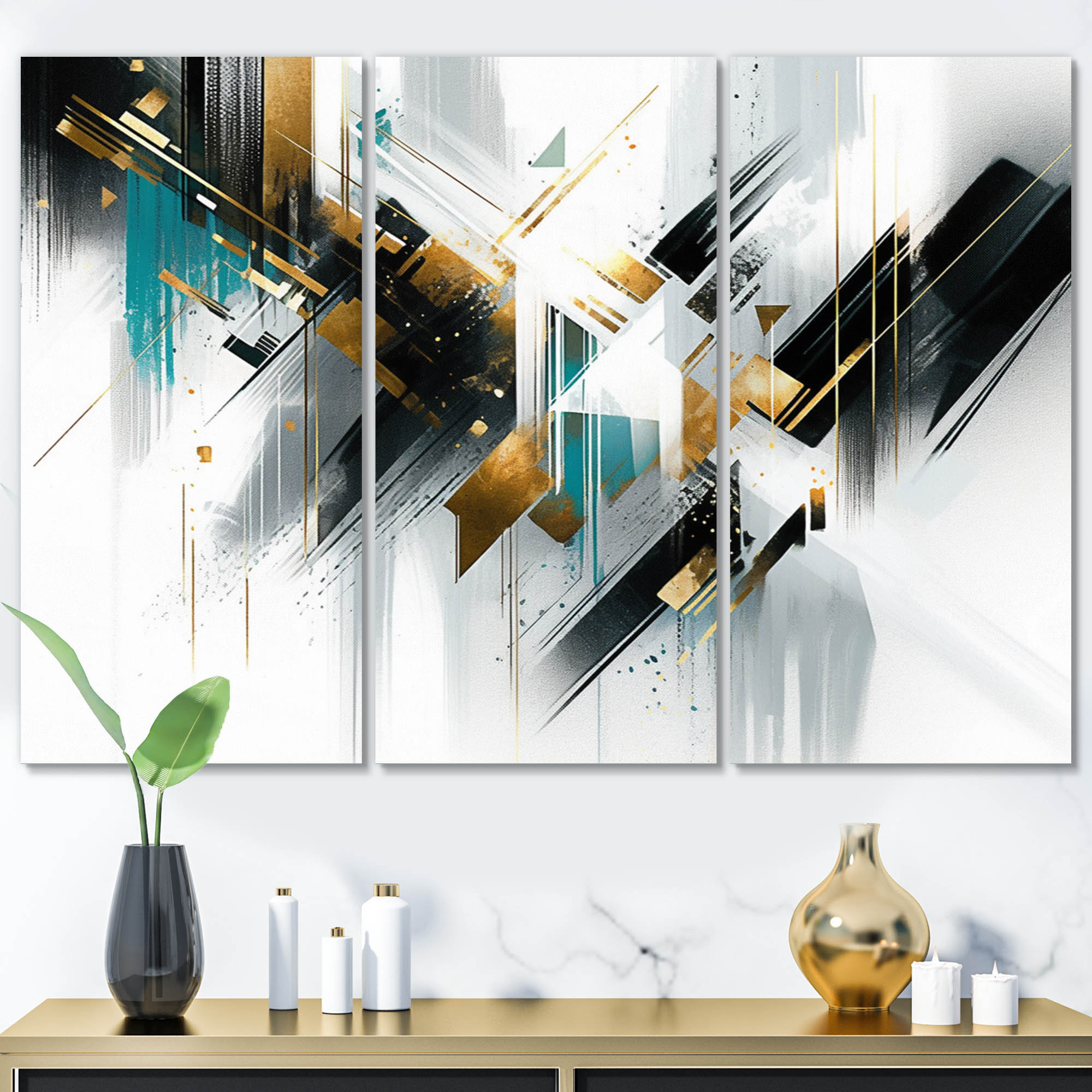 Mercer41 Teal Gold Cubist Kaleidoscope I - Cubism Canvas Print Set ...