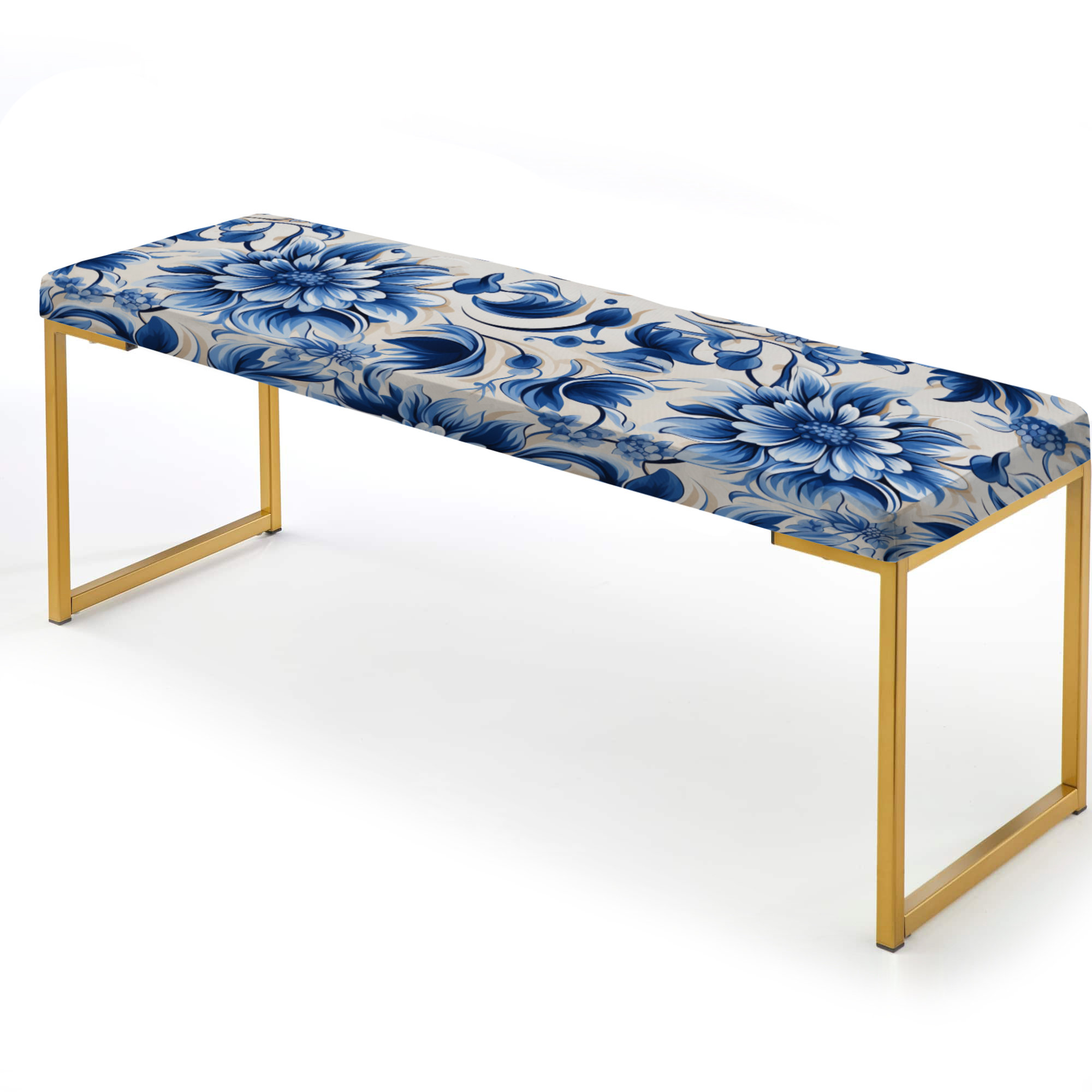 Design Art Blue And White Manx Mosaic Flowers - Damask Upholstered Gold ...