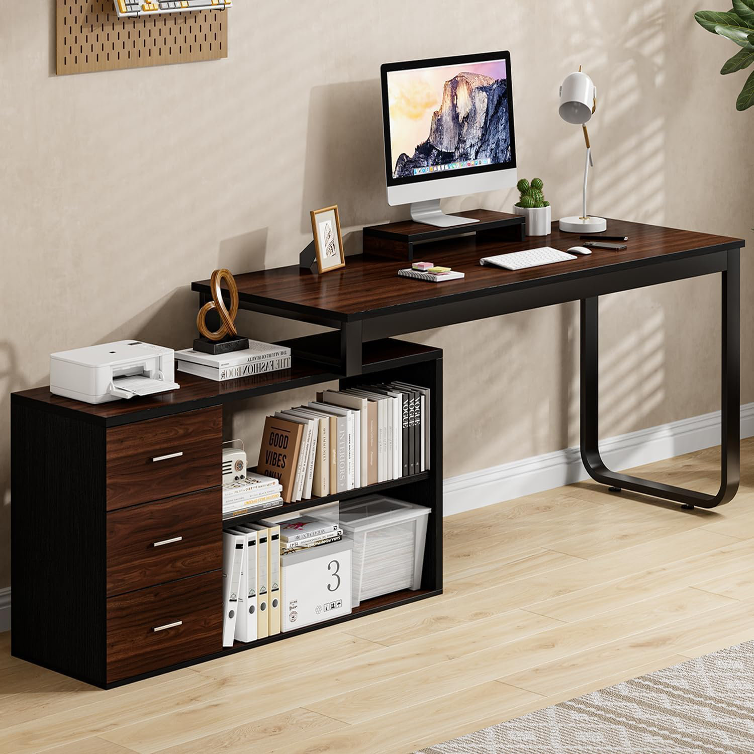 Latitude Run® 55 Inch Reversible L Shaped Computer Desk with 3 Drawers ...