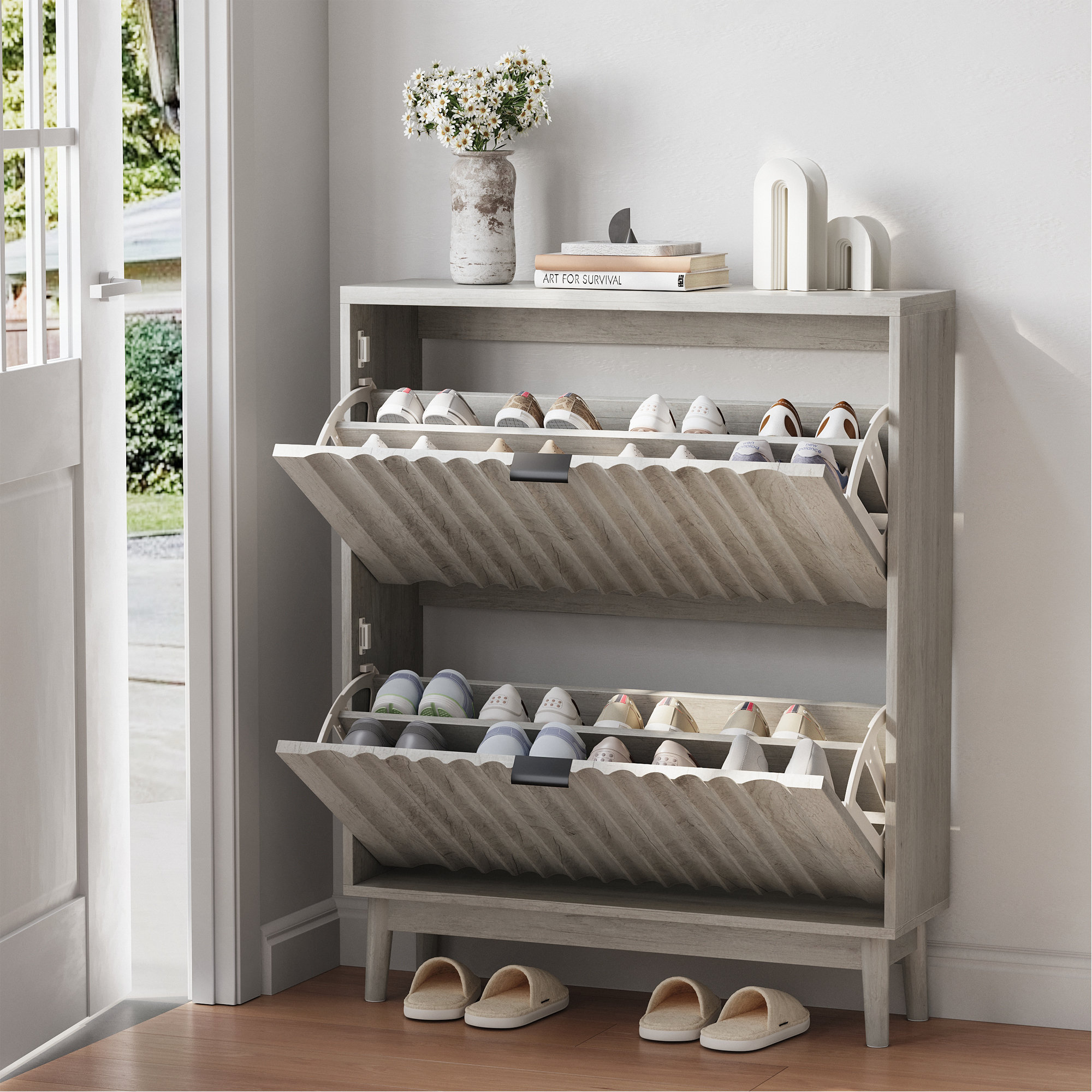 George Oliver Shoe Cabinet With 2 Flip Drawers, Fluted Shoe Storage ...