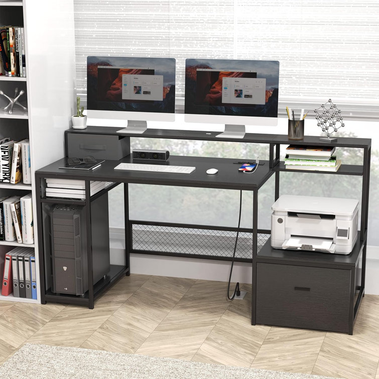 Inbox Zero Mau66'' Computer Desk with Drawers and Storage Shelf | Wayfair
