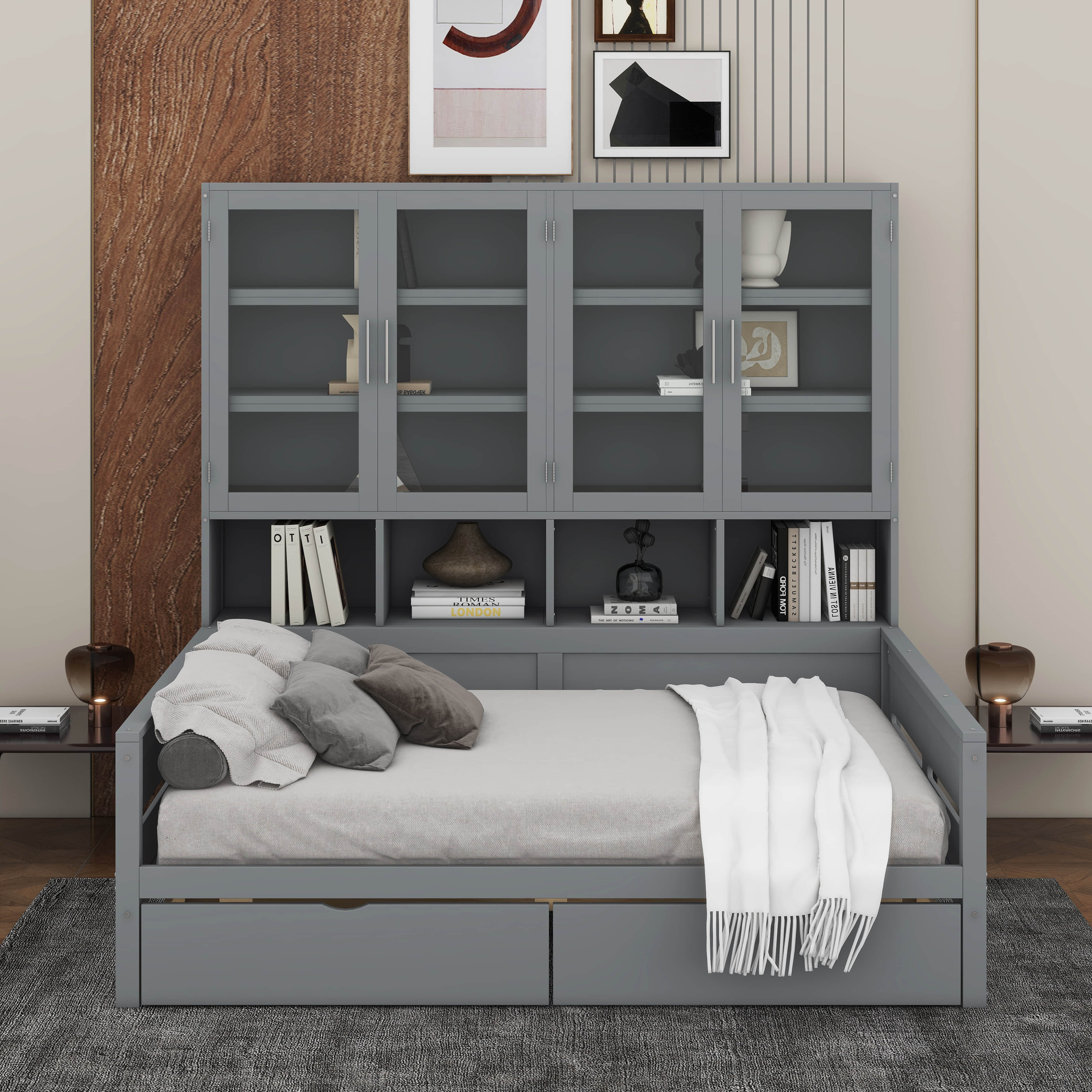 Red Barrel Studio Full Size Wooden Daybed With Glass-Door Storage ...