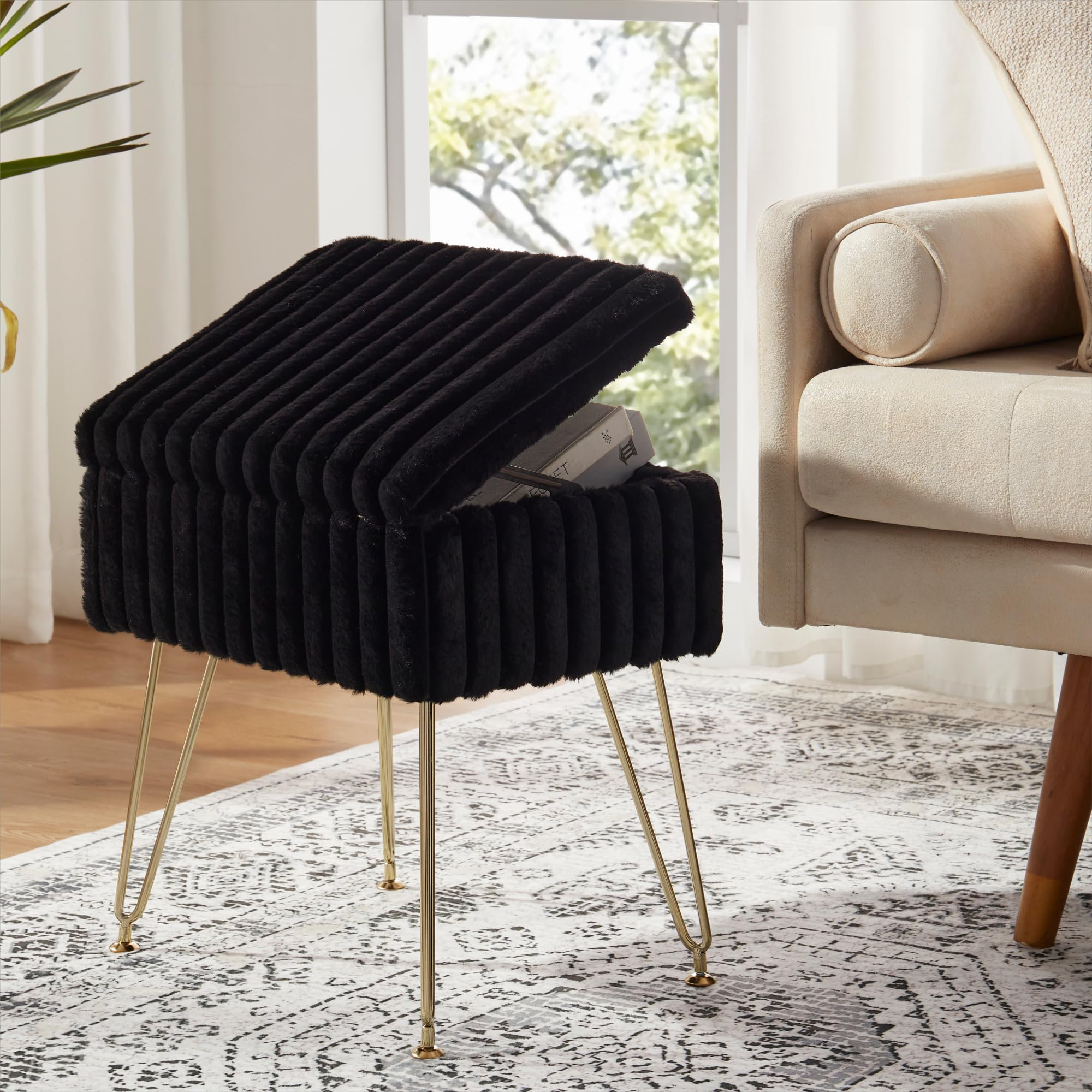 Mercer41 Faux Fur Vanity Stool Chair With Storage, Vanity Stool For ...