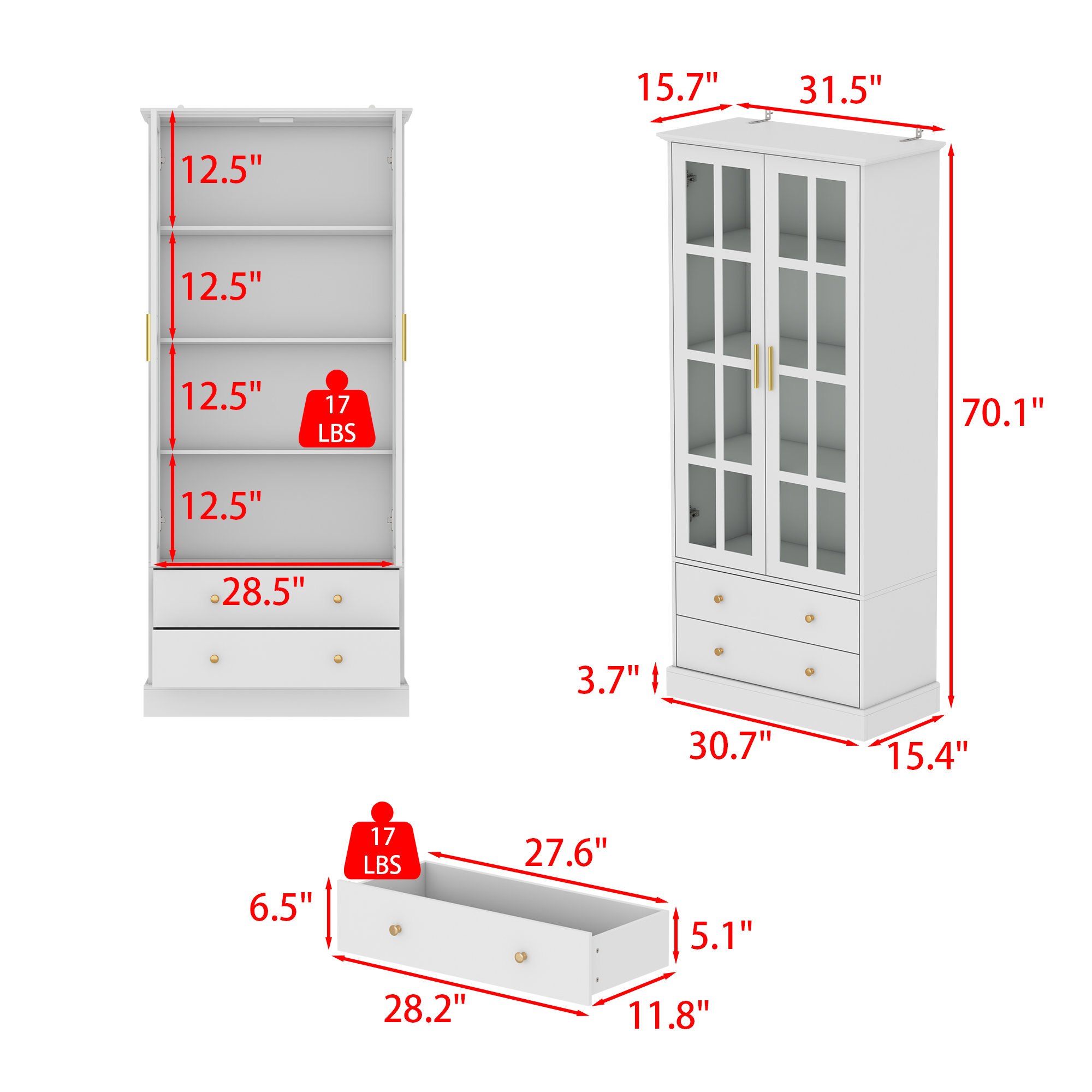 Winston Porter Display Cabinet With Tempered Glass Door And 2 Drawers ...