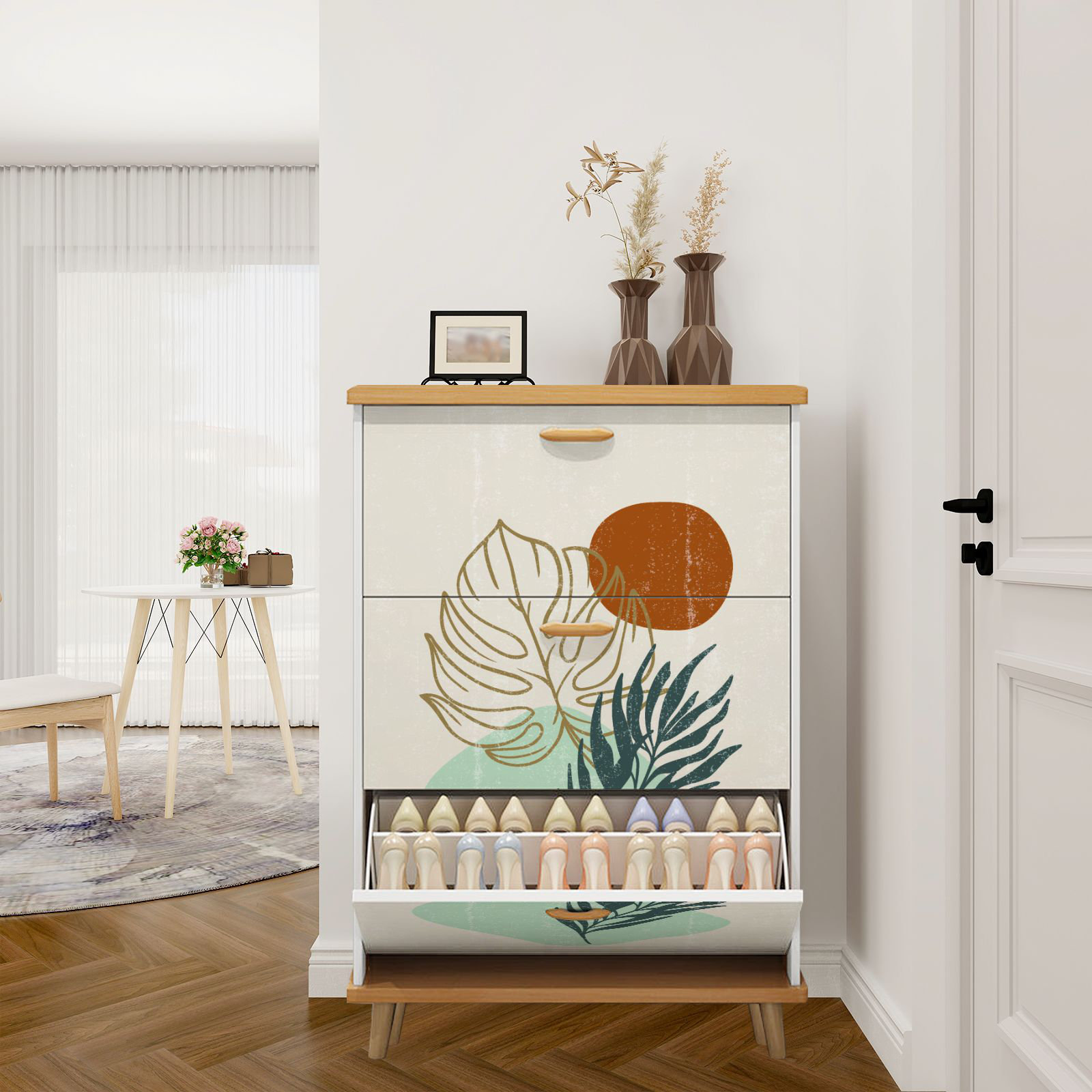 East Urban Home Shoe Storage Cabinet with 3 Flip Drawers for Botanical ...