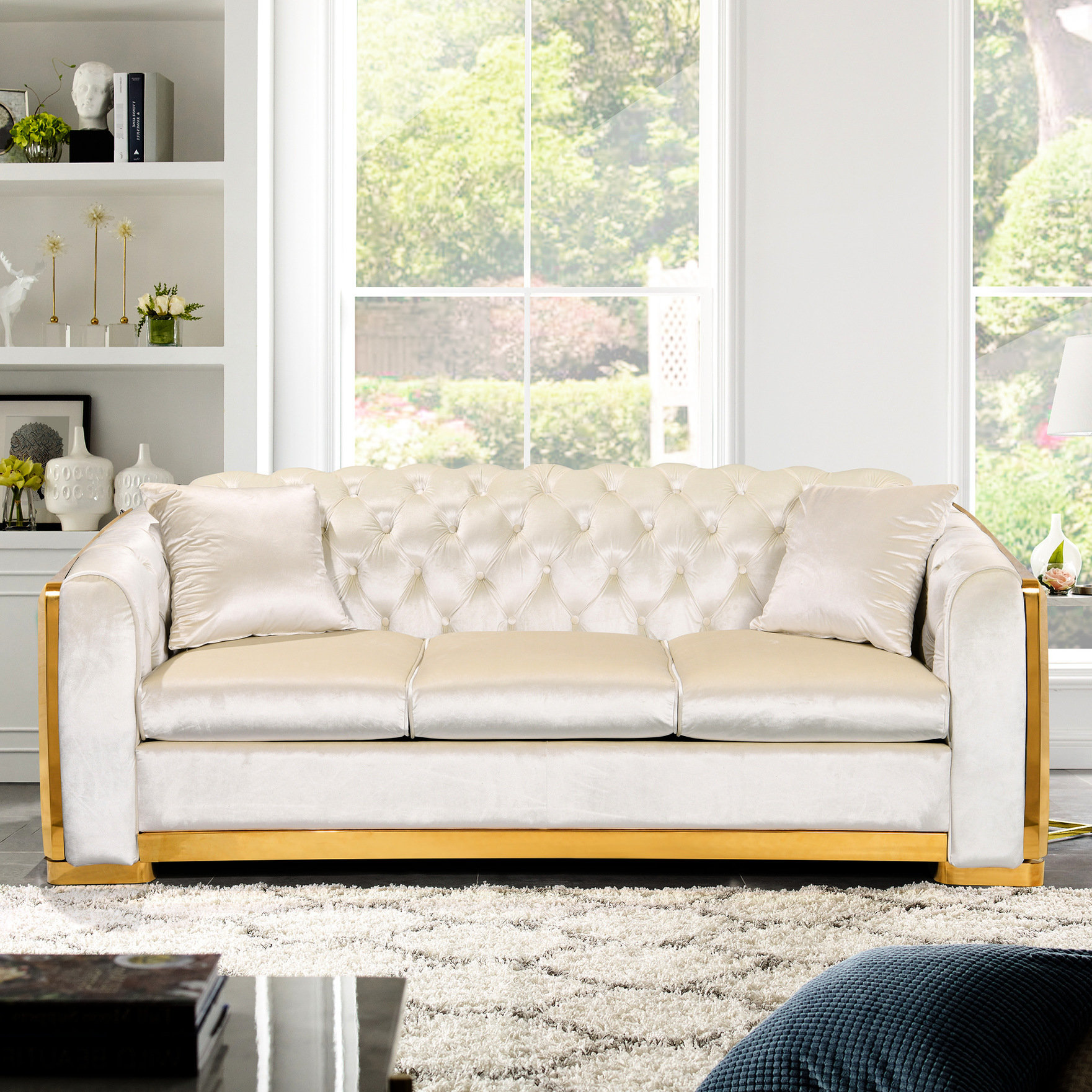 Everly Quinn Luxury Velvet Couch, 3 With Stainless Arm Rests Living ...