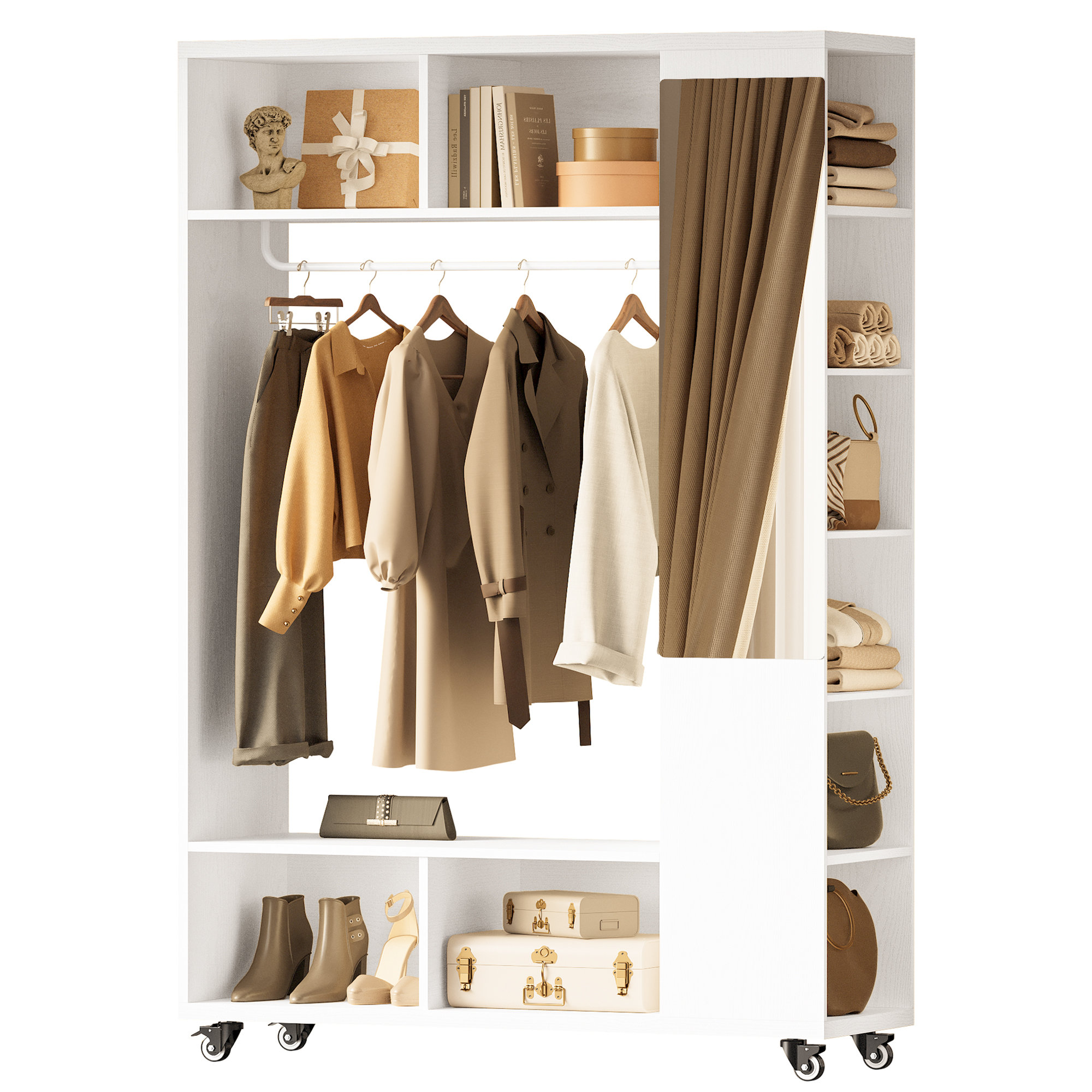 Hokku Designs 47'' Wood Rolling Clothing Rack With Wheels, Garment Rack ...