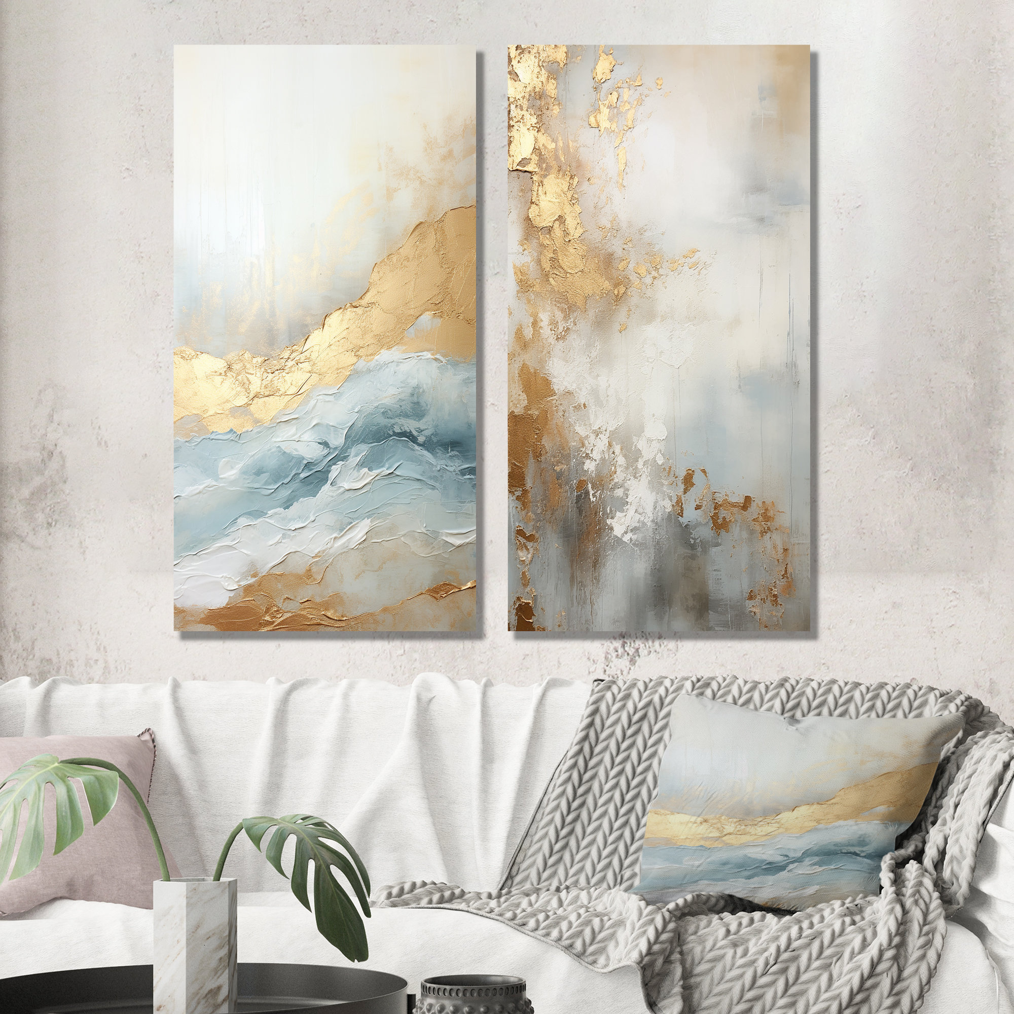 Mercer41 Beige Blue Gold Ocean Storm - Abstract Collages Wall Decor Set ...