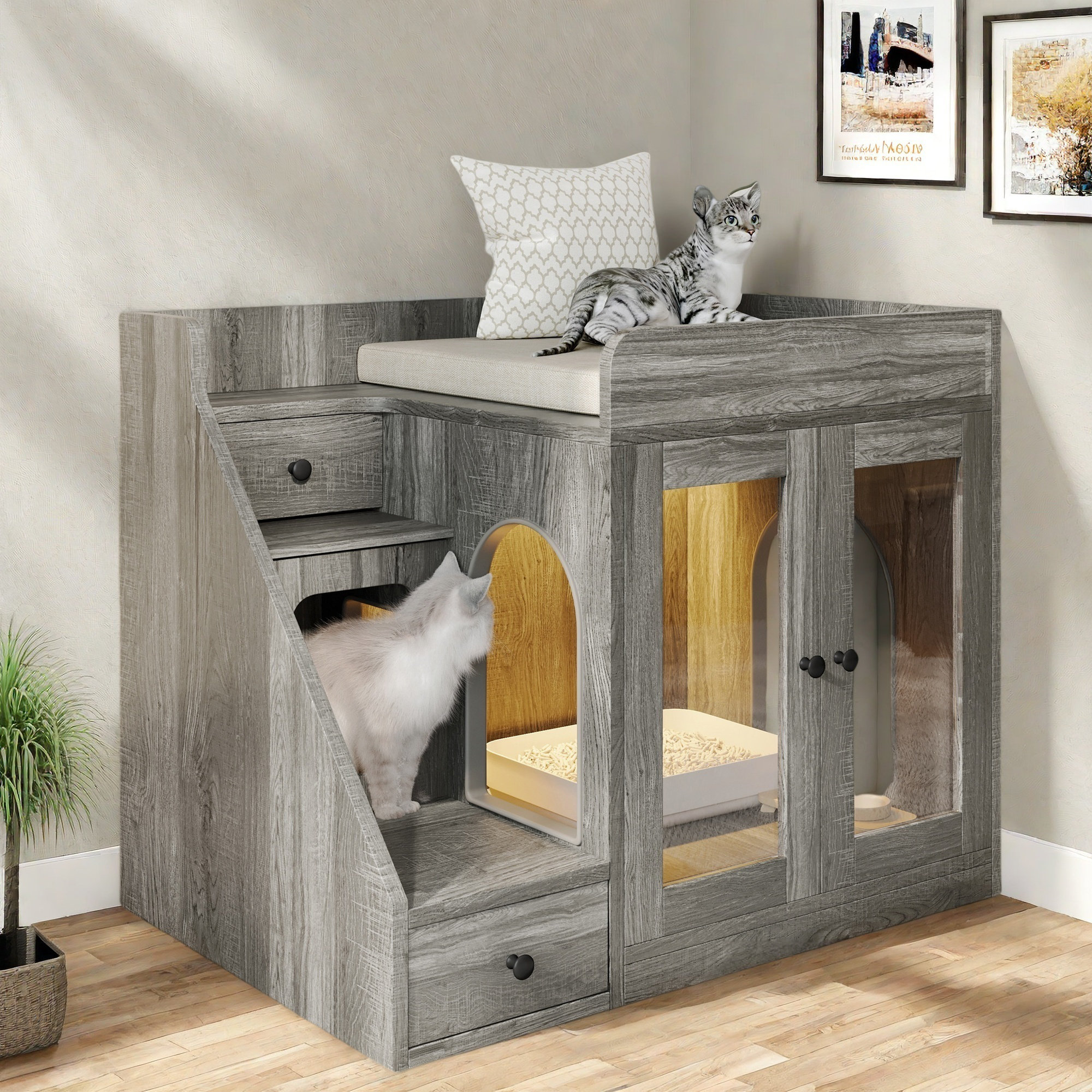 Hokku Designs Litter Box Enclosure With Light, 2 Storage Drawers, Three ...