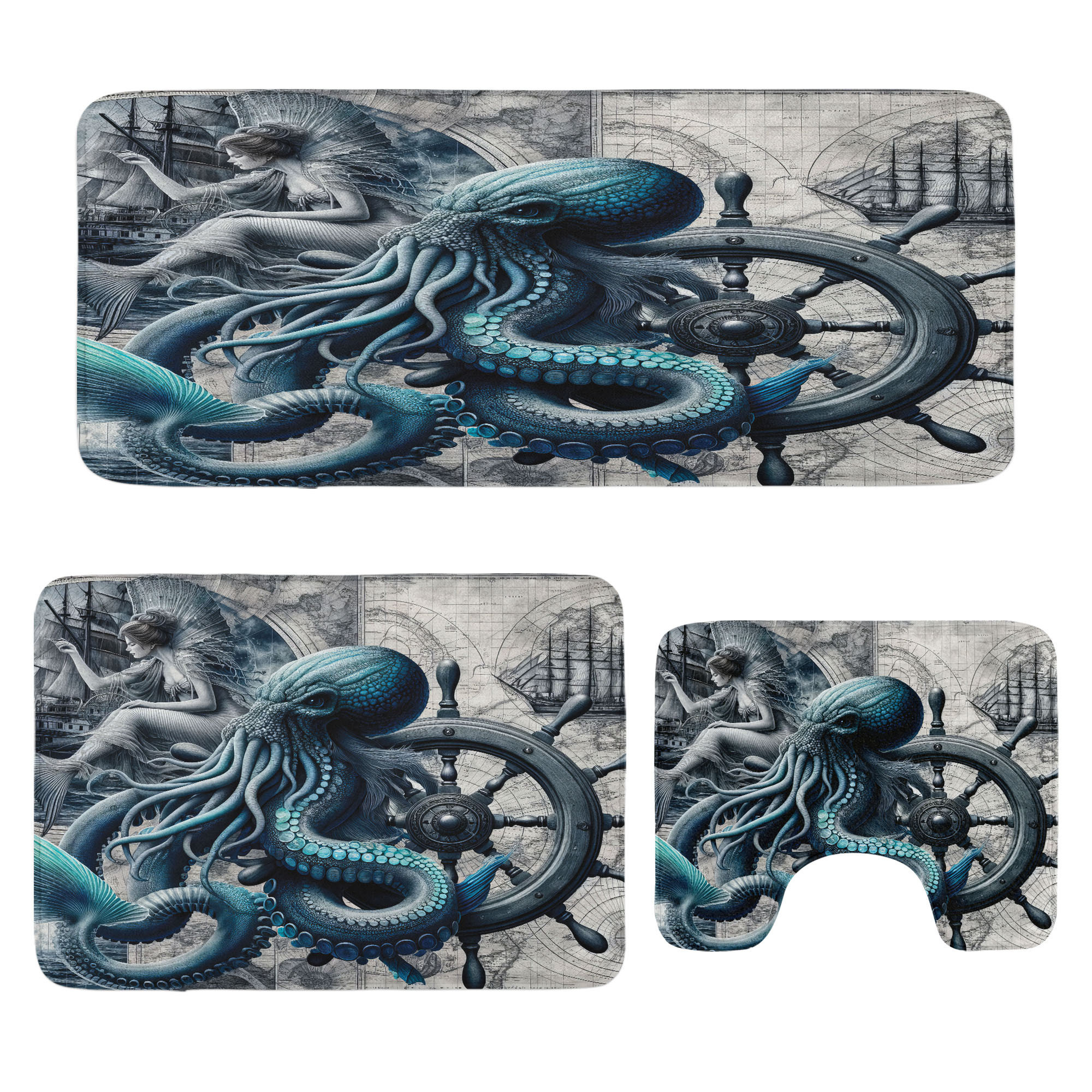 East Urban Home Blue Bathroom Rug Set 3 Pieces U-Shape & Rectangle Mats ...