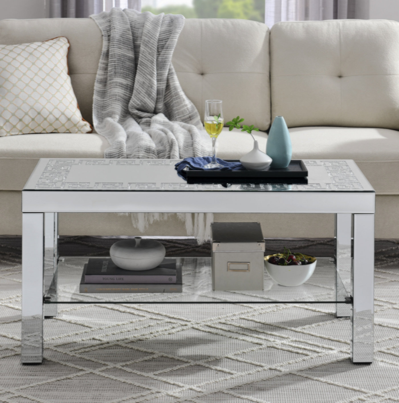 Mercer41 Curved Border Carved Mirror Coffee Table: Mirror Glass ...