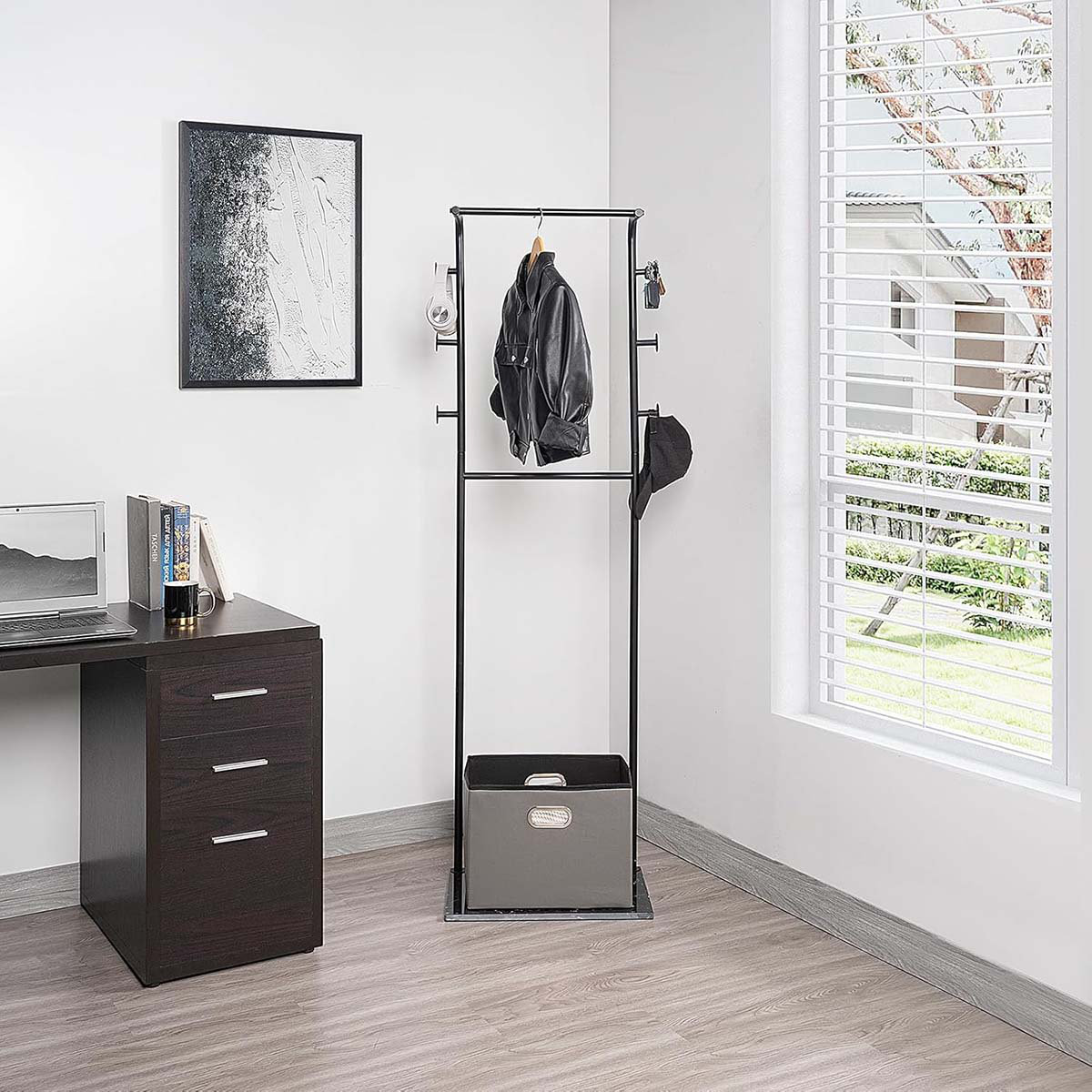 Orren Ellis Heavy Duty Coat Rack With Storage Basket Metal Hanging ...