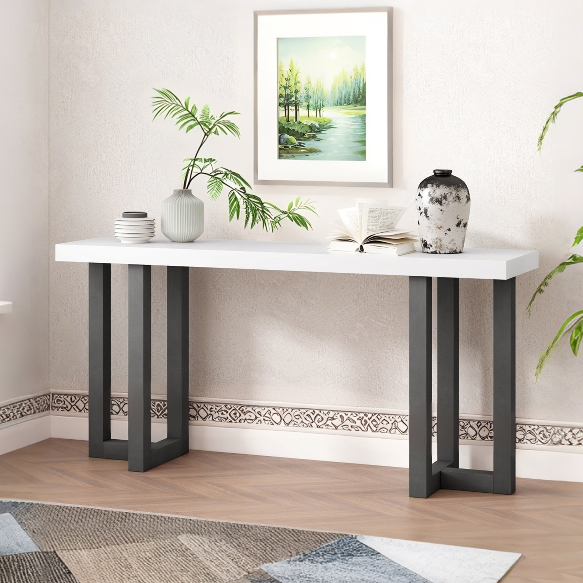 Latitude Run® 63" Geometric Console Table with Solid Wood Legs, Multi ...
