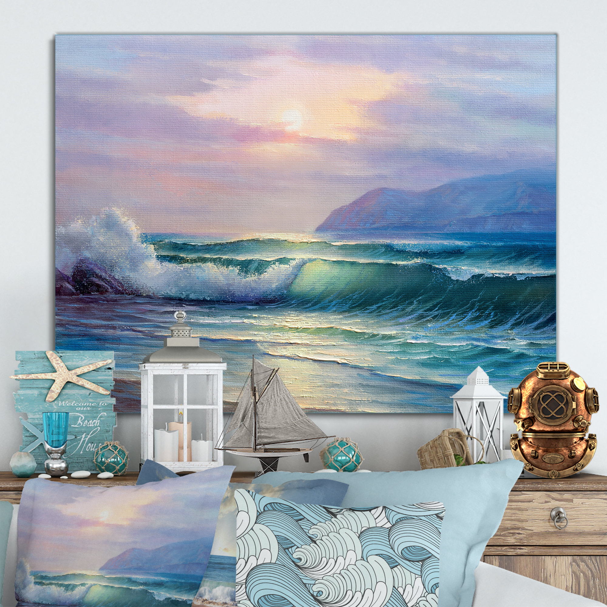 Highland Dunes Beautiful Green Ocean Sunset And Waves - Nautical ...