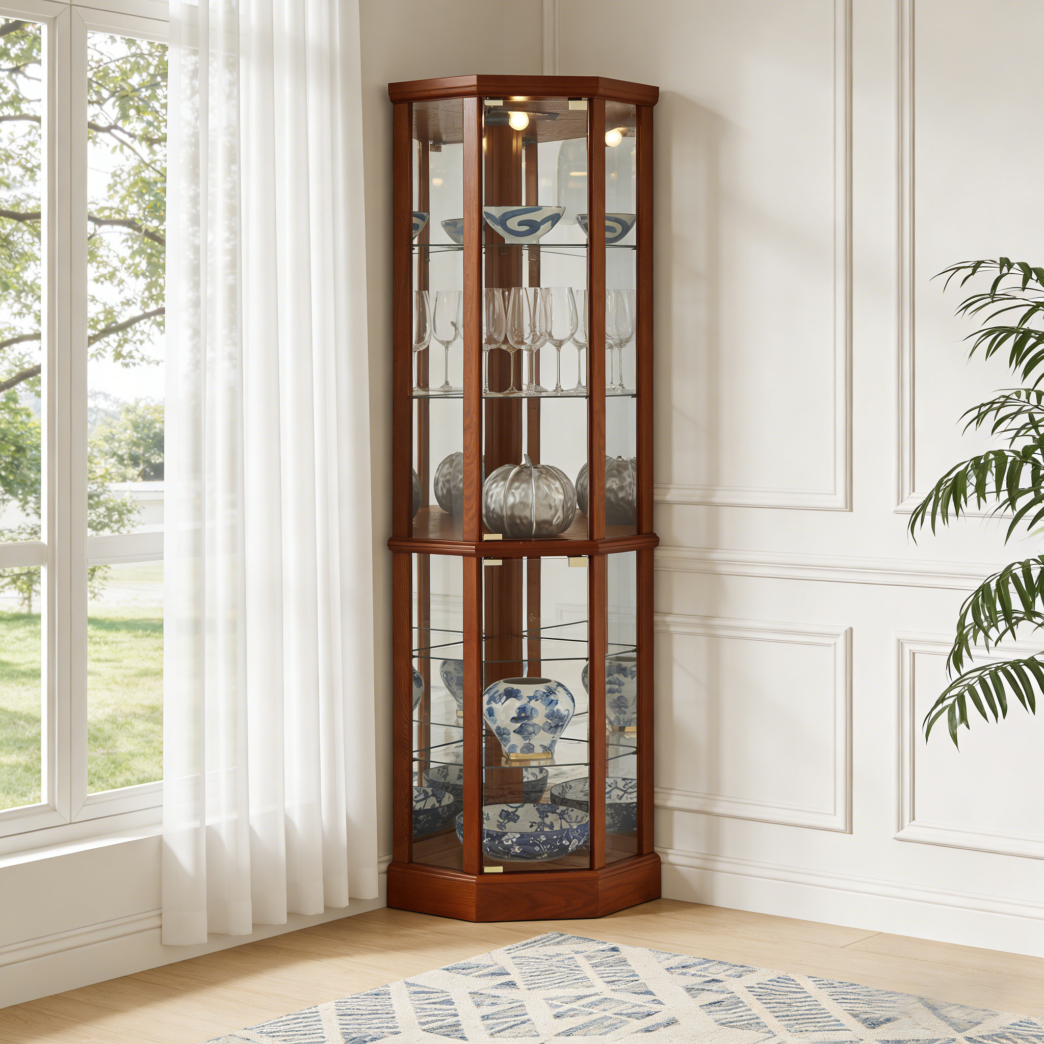 Alcott Hill Vitrine de coin éclairée à 6 tablettes avec tablettes ...