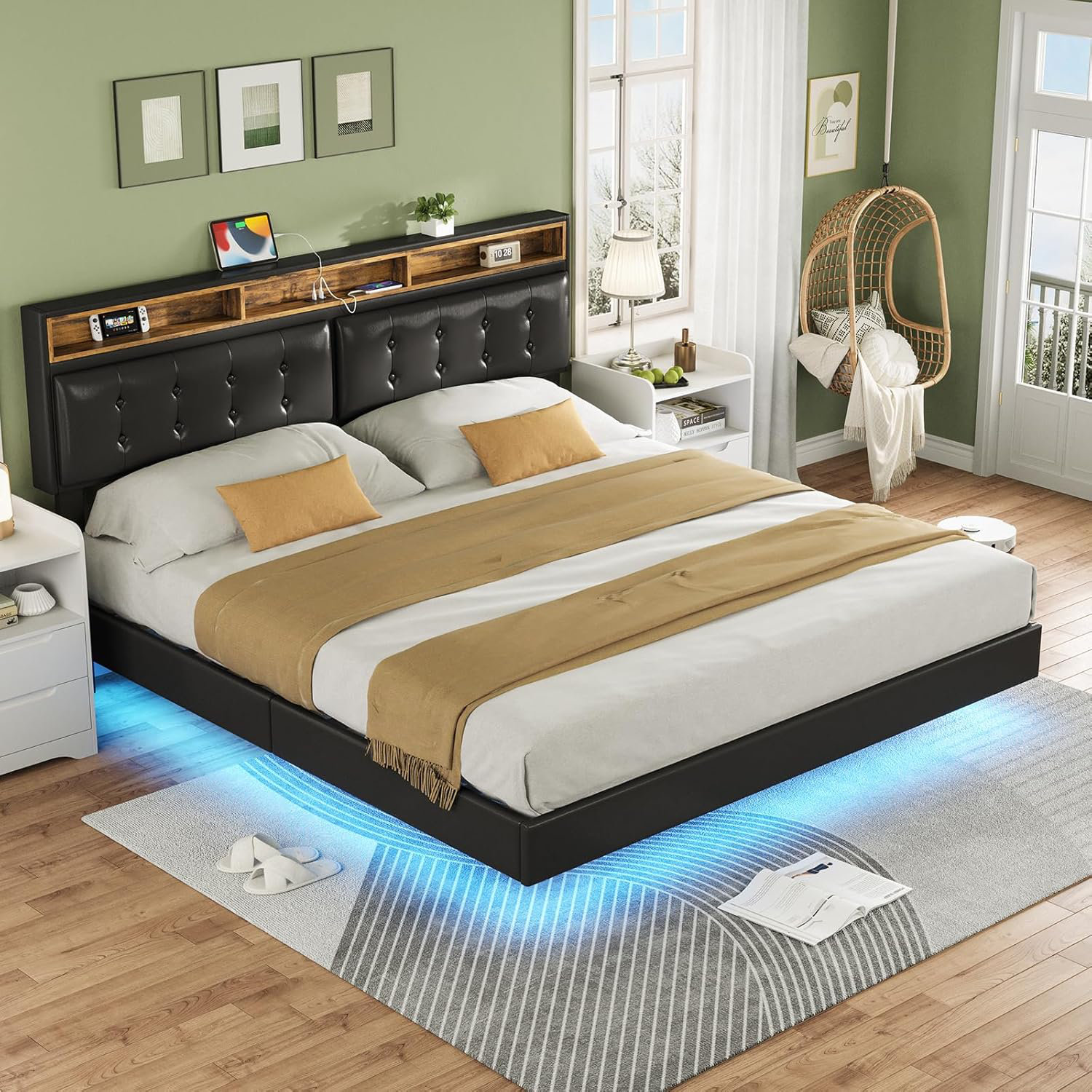 Ivy Bronx Floating Bed Frame With Led Lights Upholstered Black Bed ...