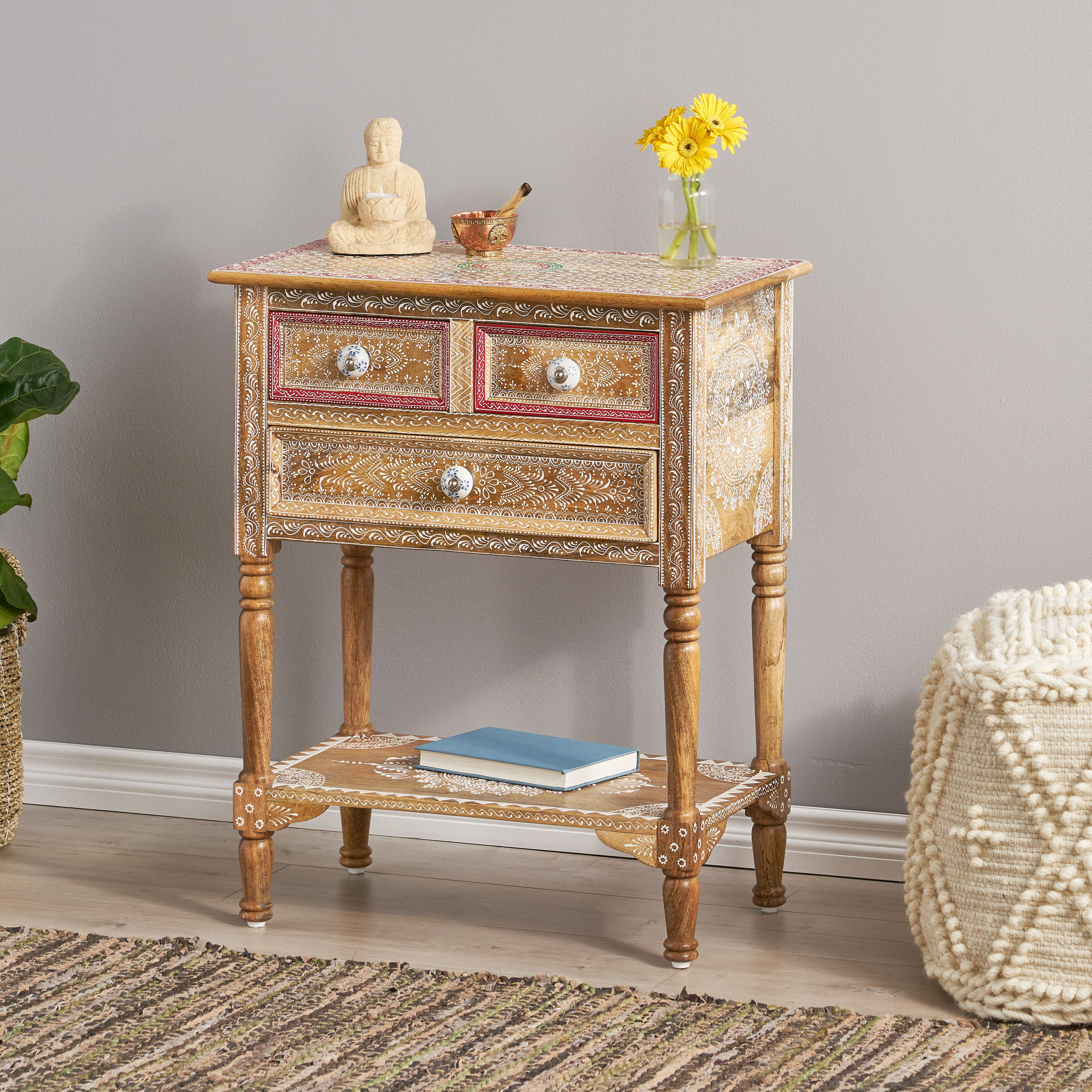 Bungalow Rose Hoysted Solid Wood 3 - Drawer End Table with Storage ...