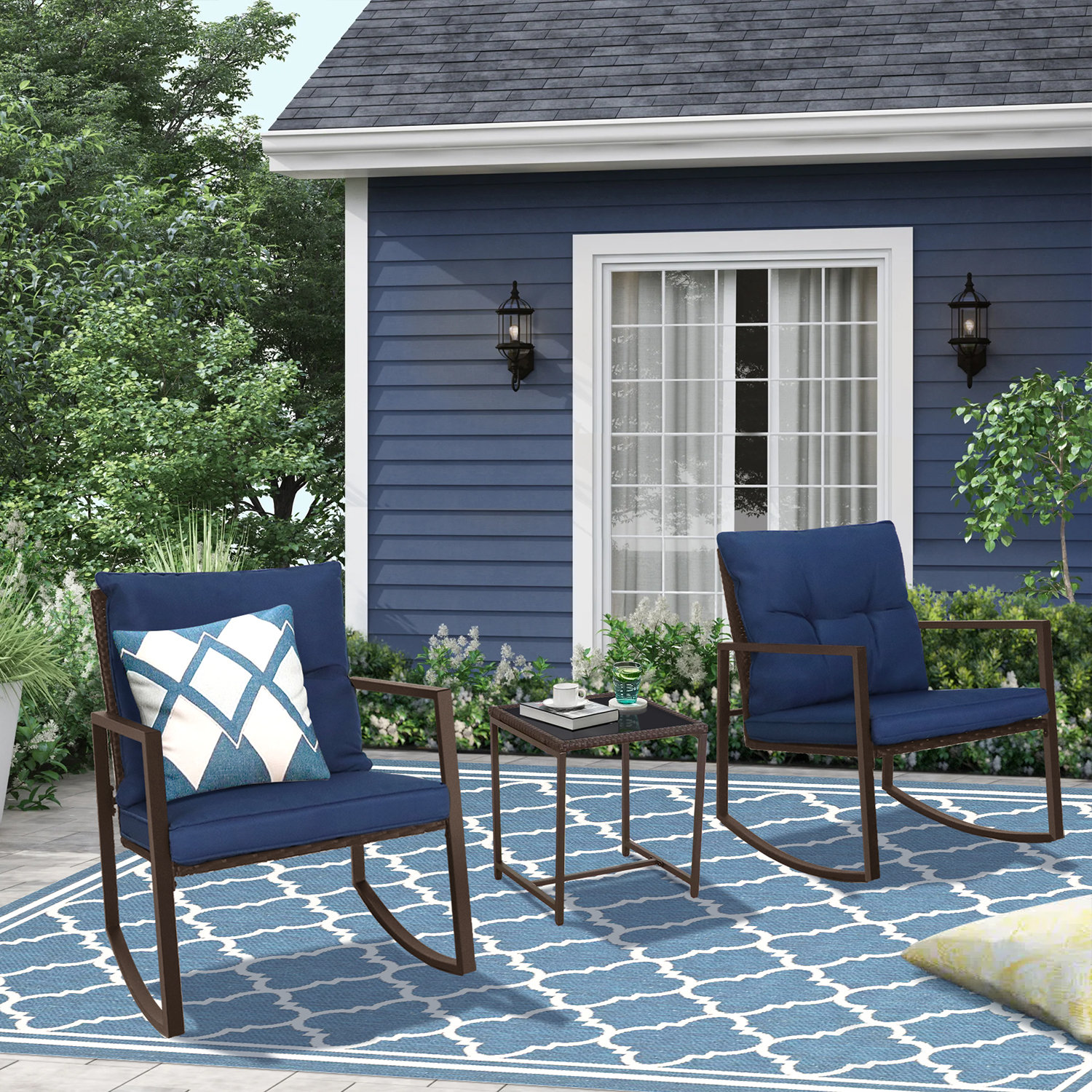 Rosalind Wheeler Kinzie Wicker 3 Piece Outdoor Rocking Chairs set ...