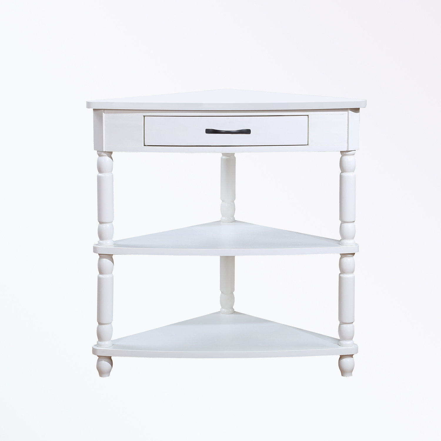 Alcott Hill Wood Triangle End Table with open shelves and one drawer ...