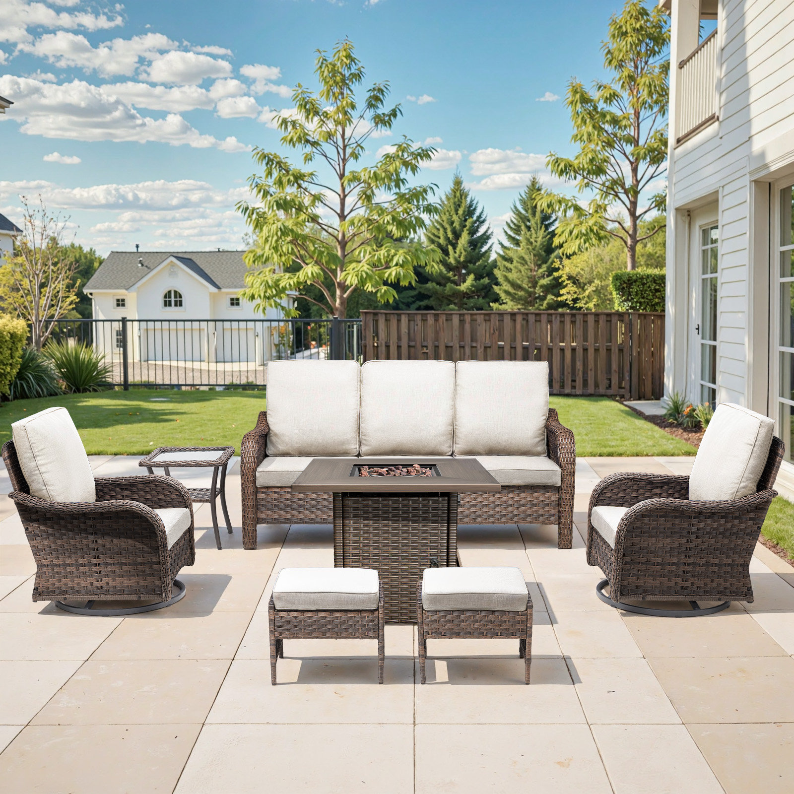 Lark Manor™ Wicker Patio Furniture Sofa Set With 55000 BTU Fire Pit ...