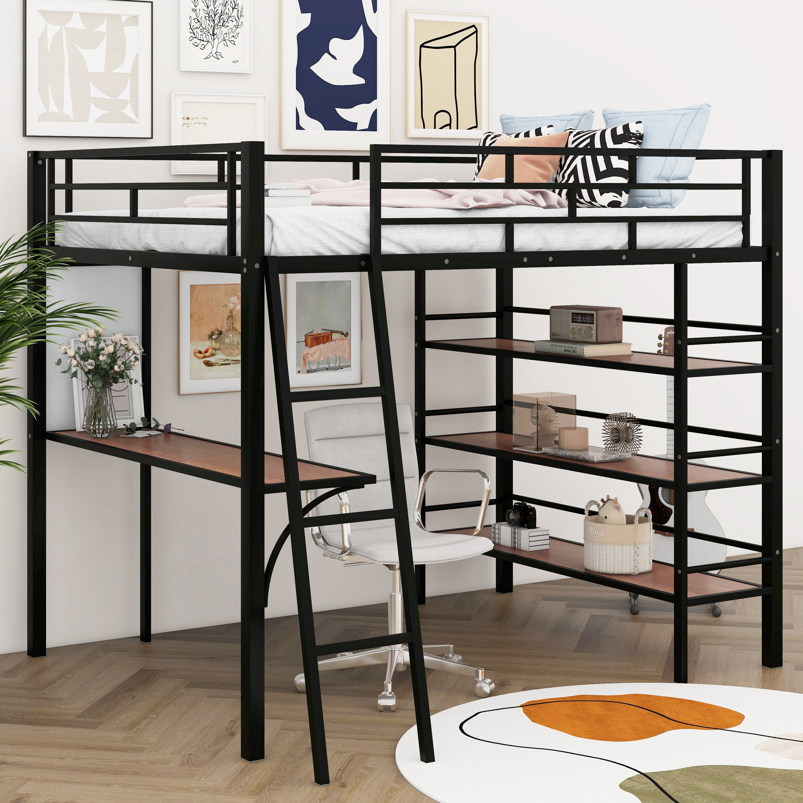 Isabelle & Max™ Lit mezzanine double en métal Aiyonna avec 3 couches de ...