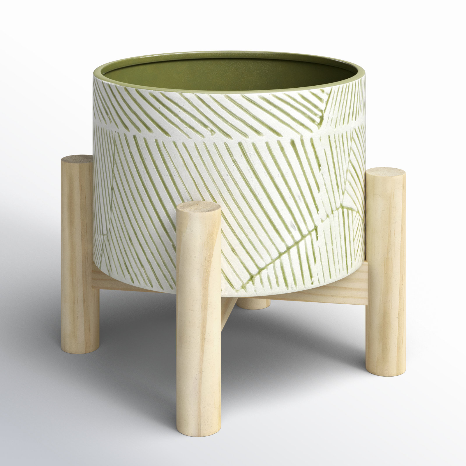 Joss & Main Ceramic Planter with Wood Stand, Green Mix & Reviews | Wayfair