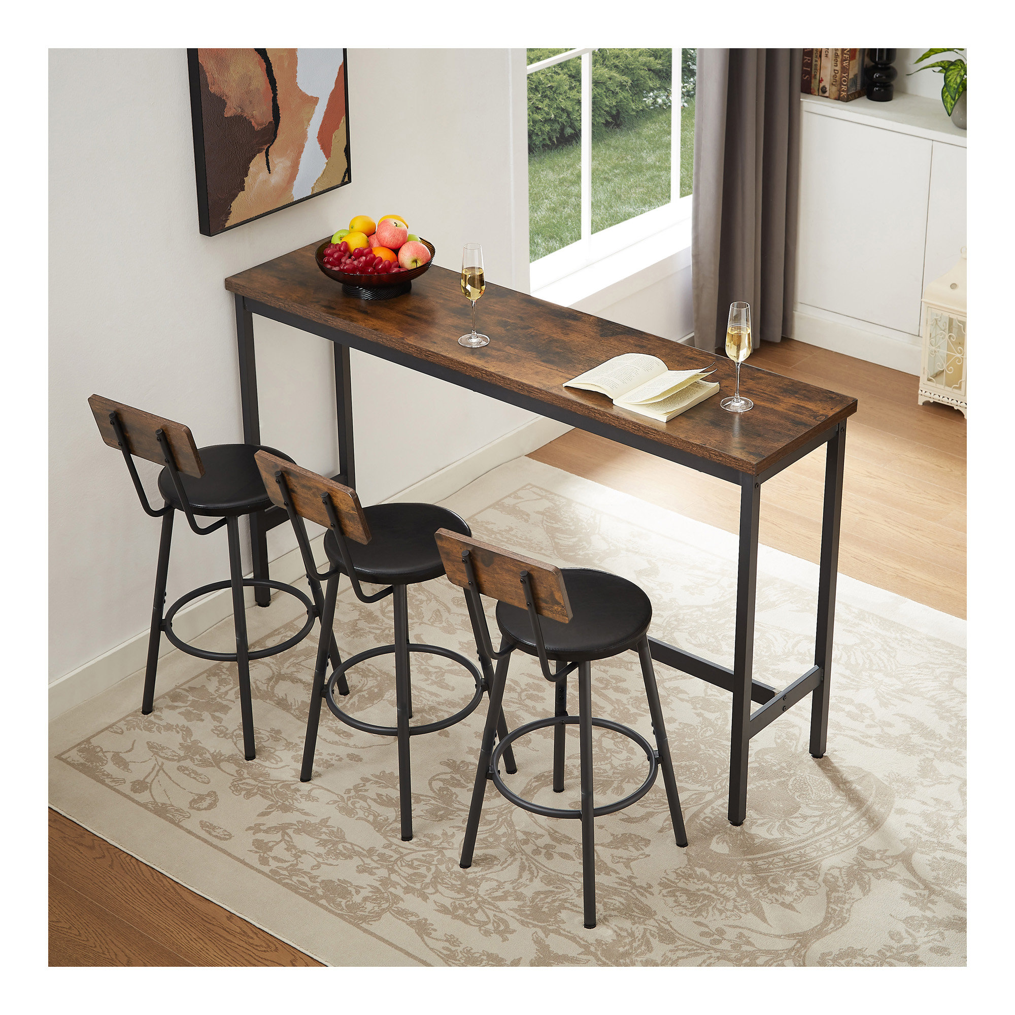 17 Stories Long Bar Table Set with 3 PU Upholstered Bar Stools ...