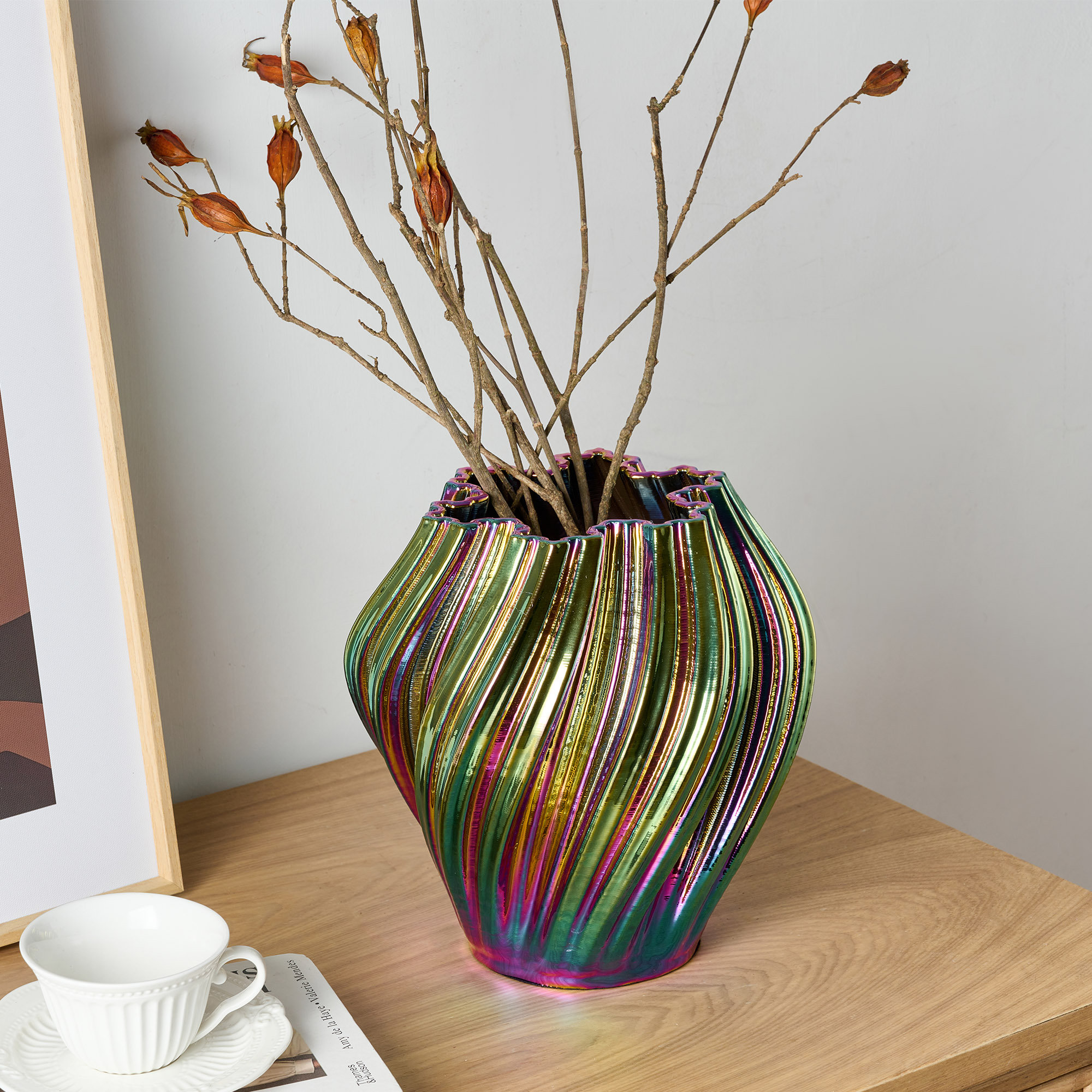 Ivy Bronx 9.45" H Ceramic Flower Vase With Aurora Shine, Electroplated ...