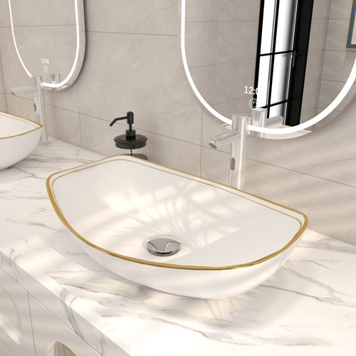 MEJE 22-Inch Luxury Gold Rim Oval Ceramic Bathroom Vessel Sink ...