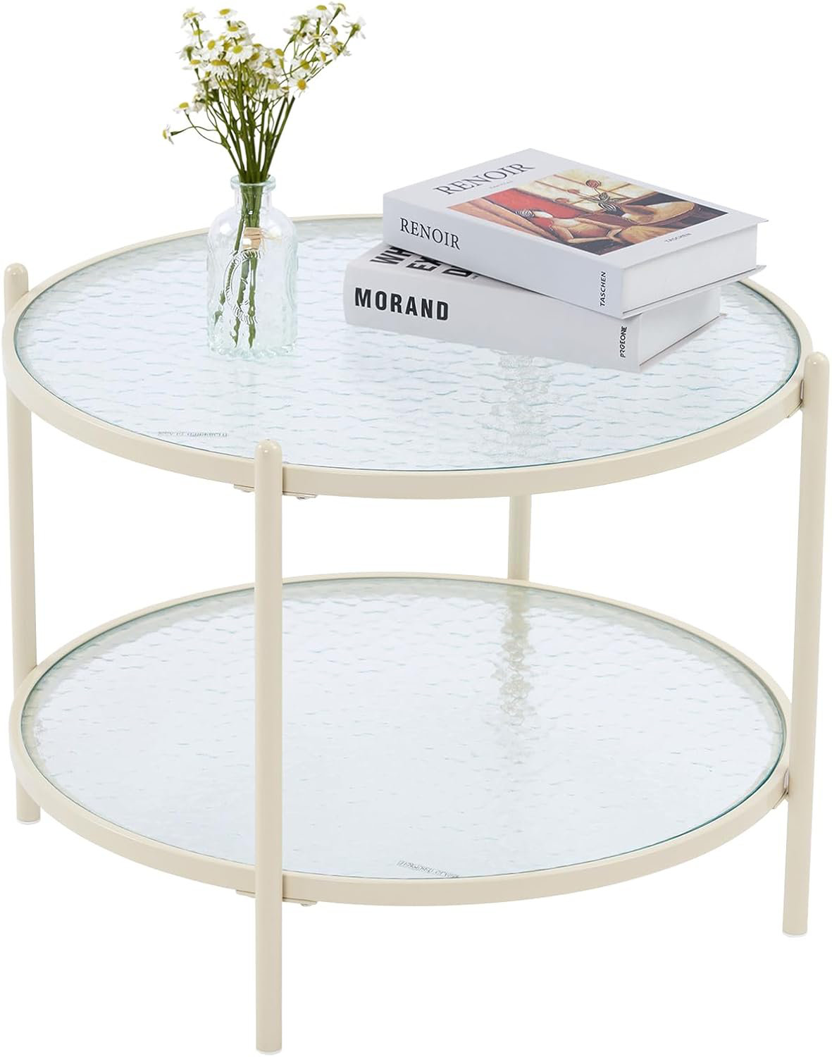 Ivy Bronx 25.6 Inch Small Matte Round Coffee Table, Water Wave Glass ...