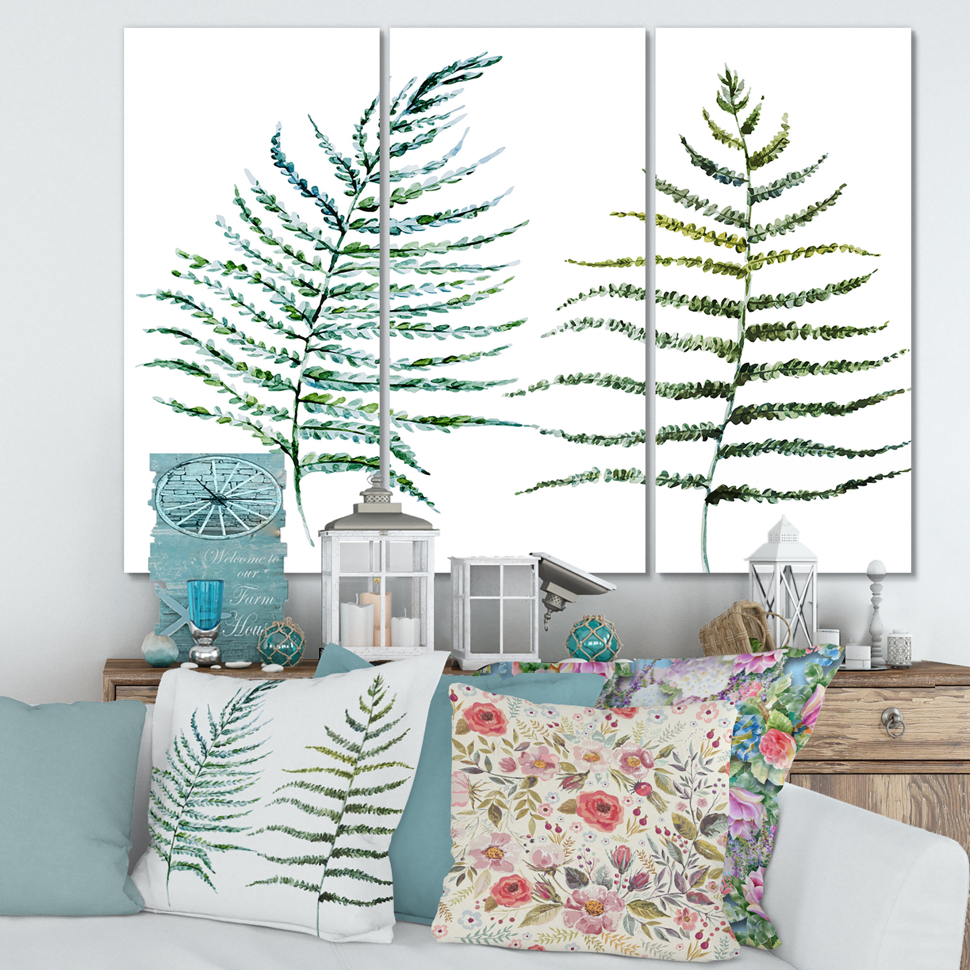 East Urban Home Two Fern Leaves - 3 Piece Print | Wayfair