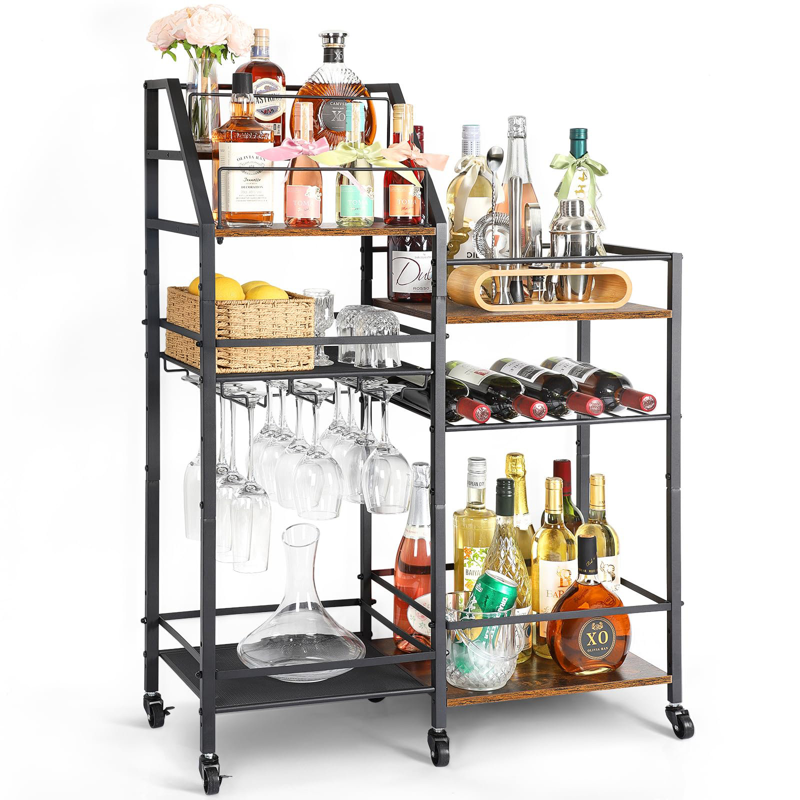 Rebrilliant Rolling Bar Cart with Wine Glass Holder – Mini Bar Stand ...