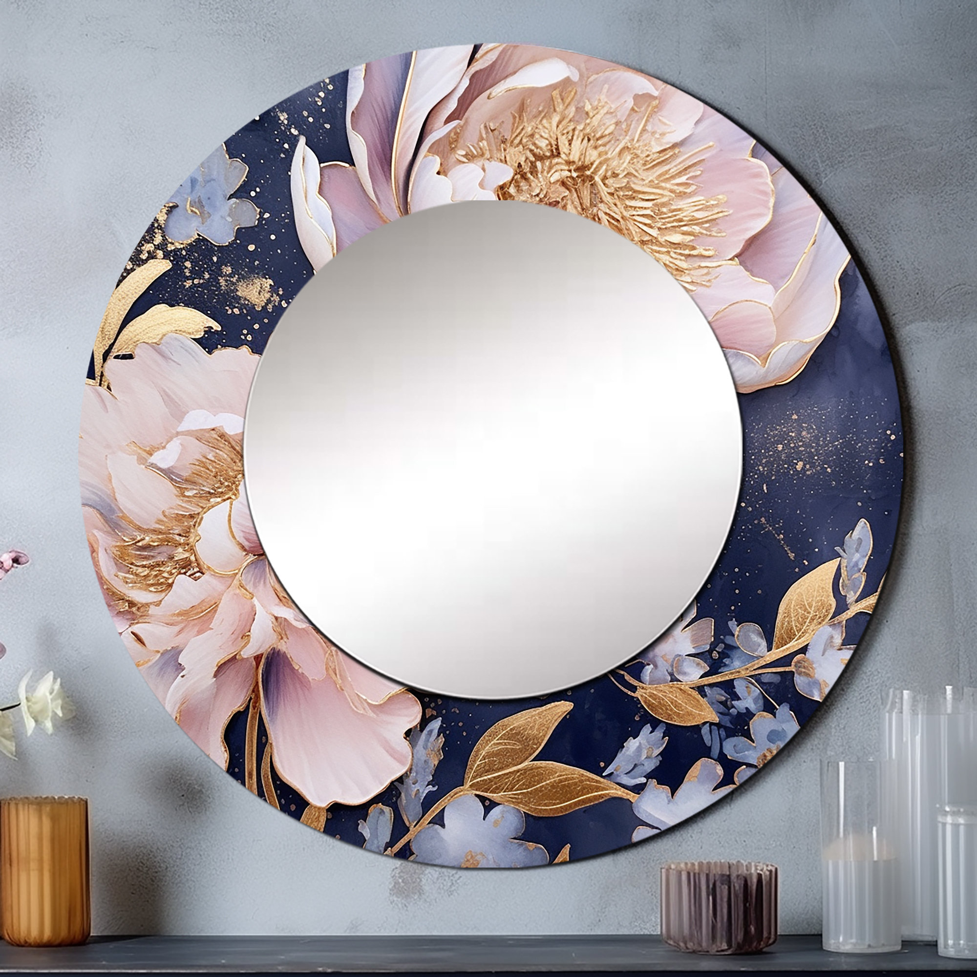 Design Art Pink Retro Peonies On Blue - Poppies Round Mirror Wall Decor ...