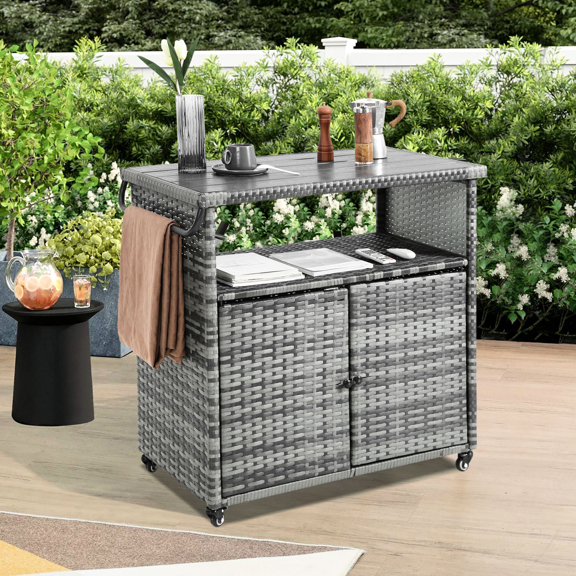 Latitude Run® Brown Outdoor Drink Counter With Wheels And Glass Top For ...
