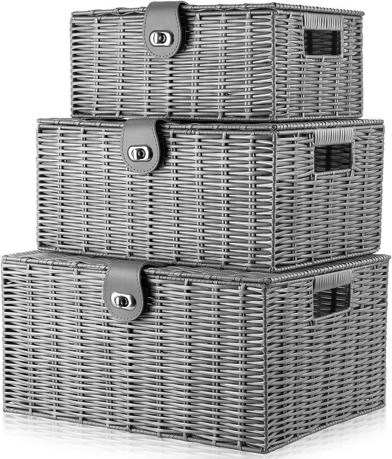 Rosalind Wheeler Set of 3 Woven Storage Basket Box Wicker Hamper ...