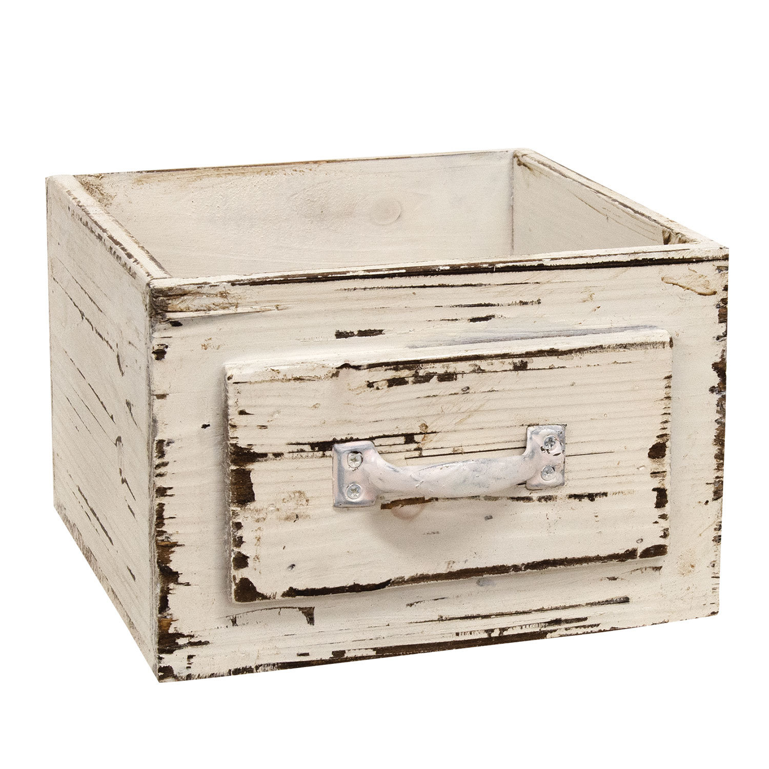 Gracie Oaks Distressed Wooden Whitewashed Square Drawer | Wayfair